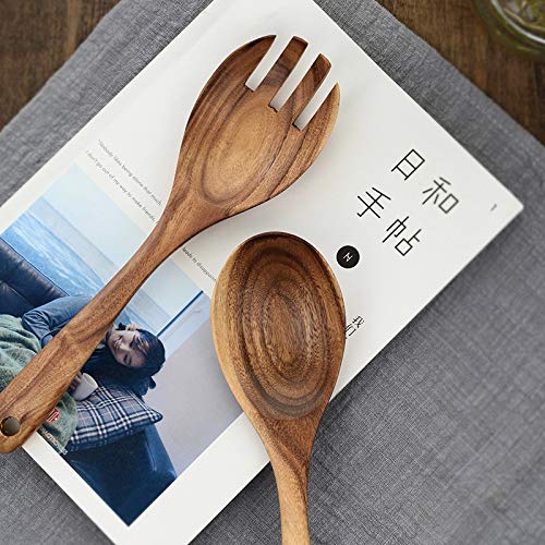 MEGIMA Spoons, Large Wooden Spoon Set, Big Salad Serving Spoon Fork Natural Wood Tablespoon Long Handled Cooking Spoon, Kitchen Utensils