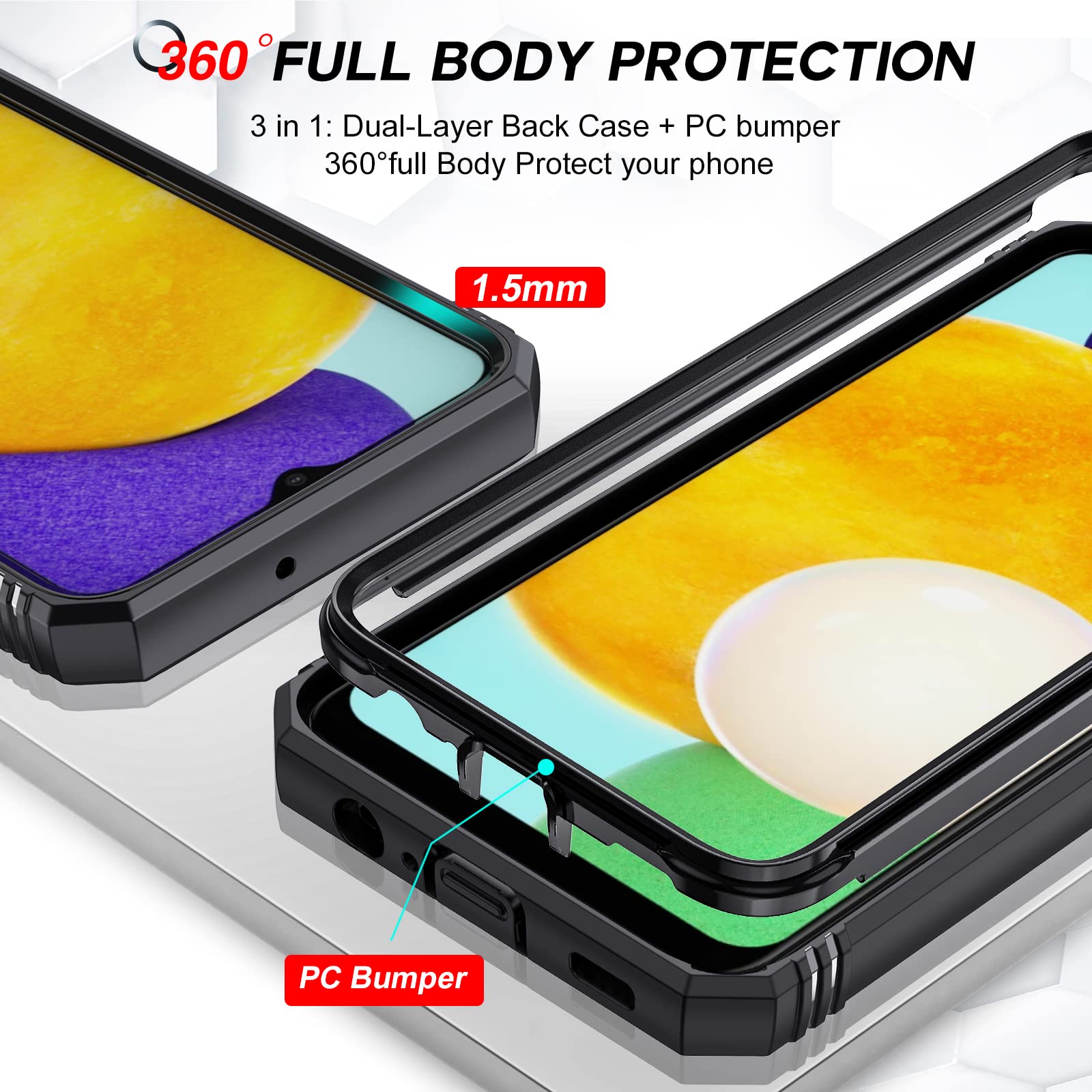 LeYi Samsung A03s Cellular Phone Case, Mint 360 Full Body Military-Grade Protection, Slide Camera Cover, Rotable Magnetic Ring Kickstand, 2 Packs Tempered Glass Screen Protector