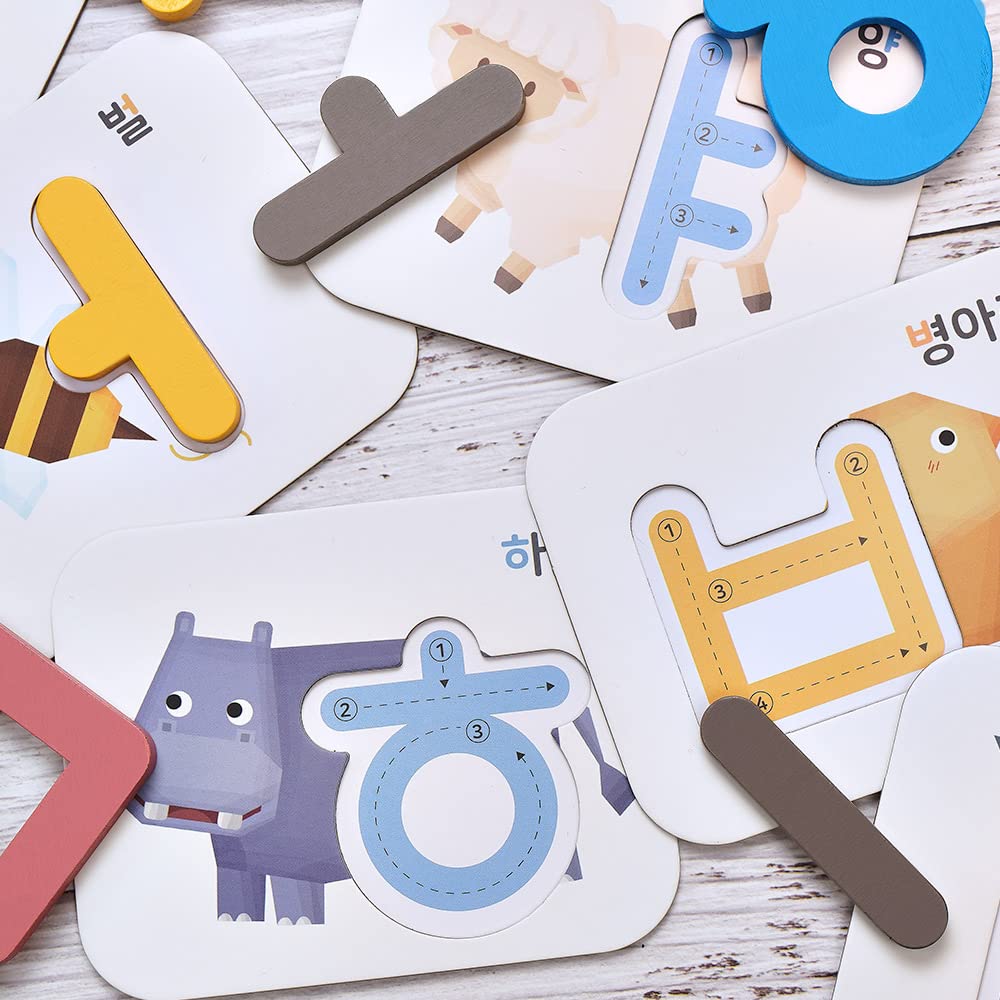 SSol & Sam Korean Alphabet Learning Toys β Hangul β Learn Korean for Kids, Toddlers and Beginners, Animal Pattern Board Matching Puzzle with Wooden Letters and Flash Cards