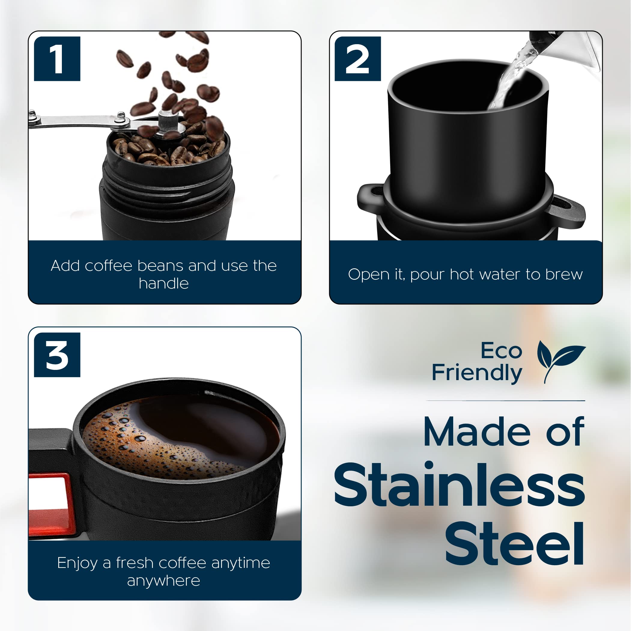 Manual coffee grinder with a built-in HOT BREW stainless-steel filter, and TWO cups - all in one innovative product | Durable & Great for travelers