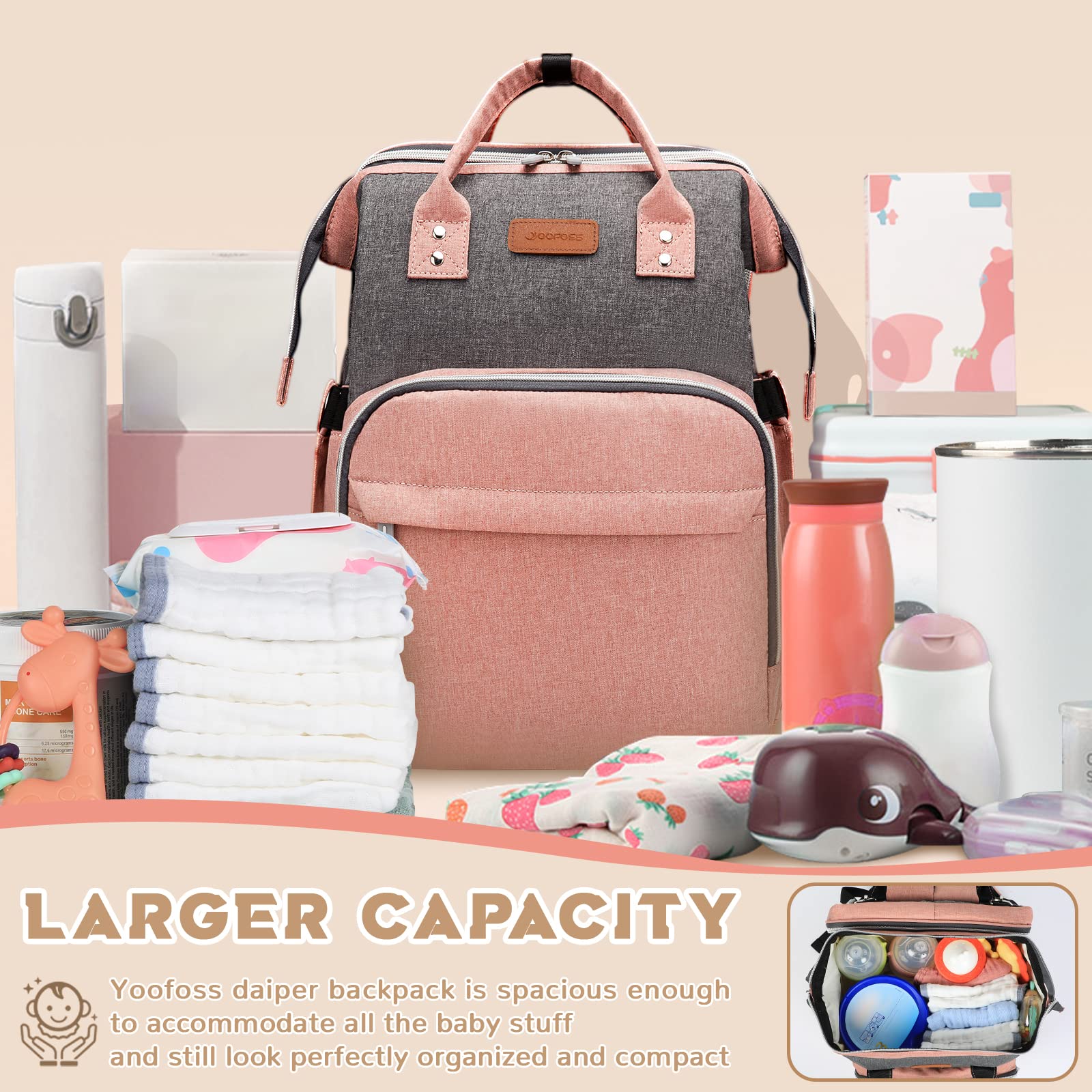 Yoofoss Baby Diaper Bag Backpack, Large Baby Bag Multifunction Diaper Backpack for Baby Girls Boys with USB Charging Port Stroller Straps Pink