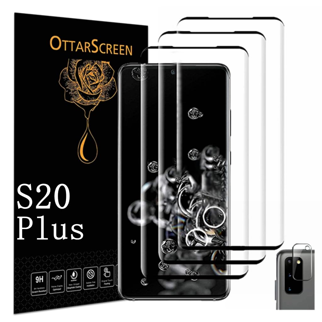 OttarScreen Galaxy S20 Plus Screen Protector, 3 Pack Tempered Glass Screen Protector, 1 Pack Camera Lens Protector, Compatible Fingerprint, 3D Glass 9H Hardness Tempered Glass Screen Protector for Samsung Galaxy S20+ Plus 5g【3+1 Pack 】