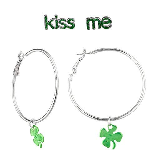 Lux Accessories Silver Tone Clover Charm Saint Patrick Inspired Loop Earrings