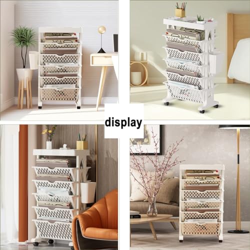 Movable Classroom Deskside Bookshelf, Desk Storage Organizer with Caster Wheels, 6-Tier Storage Trolley Under Desk, Adjustable Rolling Cart Organizer Multifunctional Rolling Cart with Hanging Cups ( C