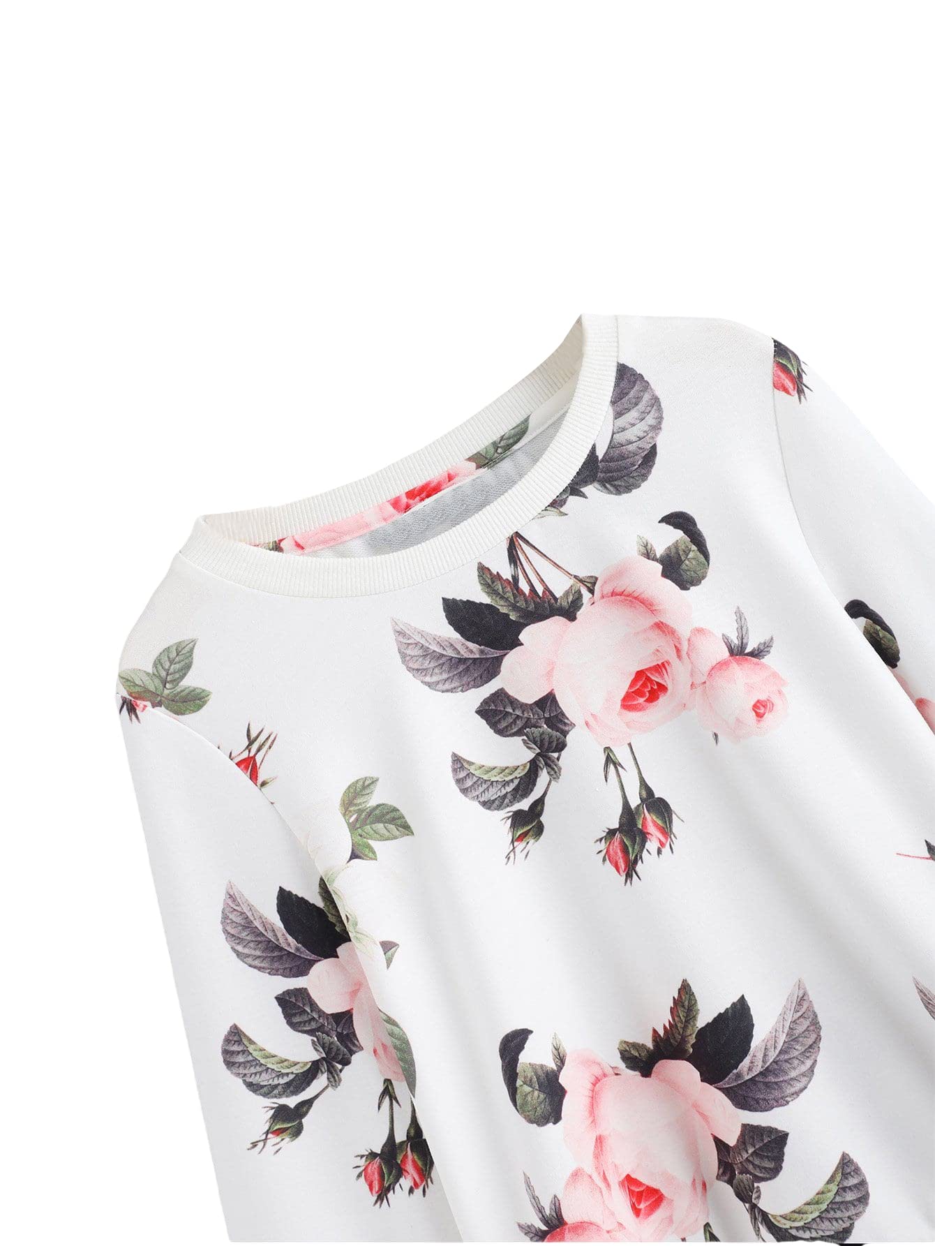 Romwe Girl's Kids Sweatshirt Floral Long Sleeve Round Neck Pullover Tops White 120