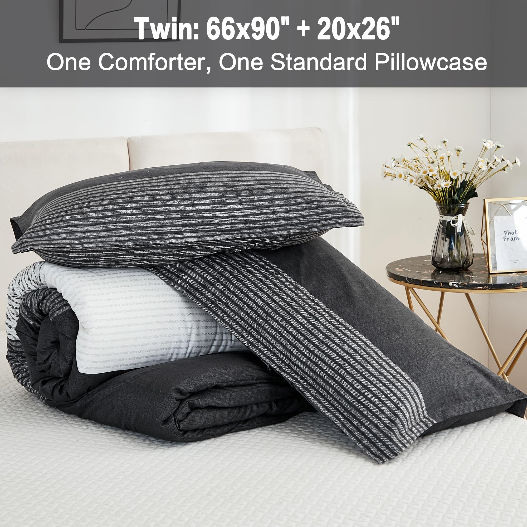 Litanika Twin XL Comforter Set Black White Grey - 2 Pieces Gray Twin Extra Long Size Lightweight Bedding Set, All Season Down Alternative Comforter