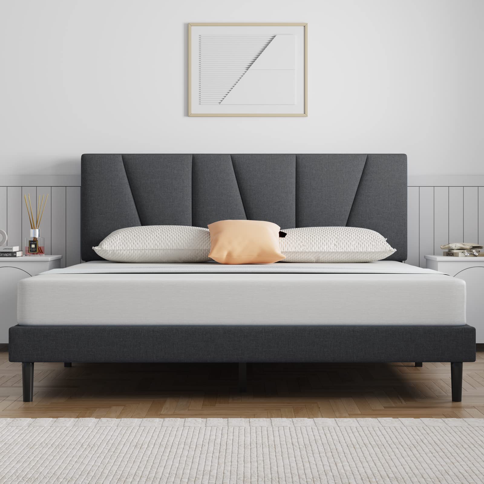 Molblly King Bed Frame Upholstered Platform with Headboard and Strong Wooden Slats, Strong Weight Capacity, Non-Slip and Noise-Free,No Box Spring Needed, Easy Assembly,Dark Grey