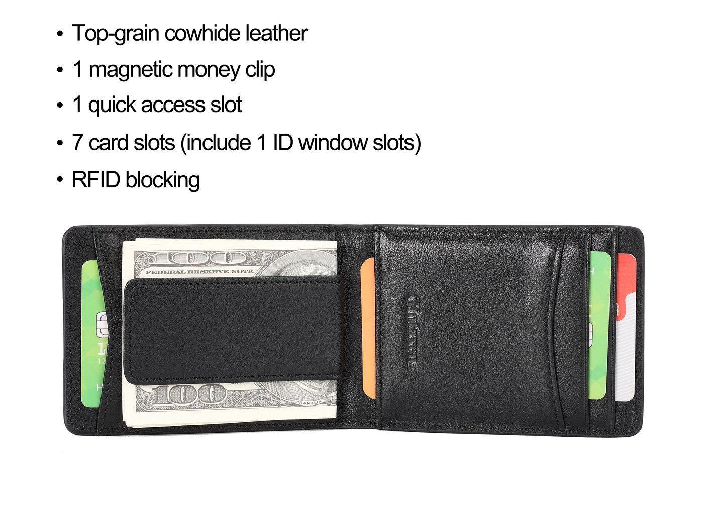 Mens Wallet Slim Genuine Leather Front Pocket Wallet for Men Billfold with ID Window Magnetic Money Clip Quick Access Slot and RFID Blocking - Black
