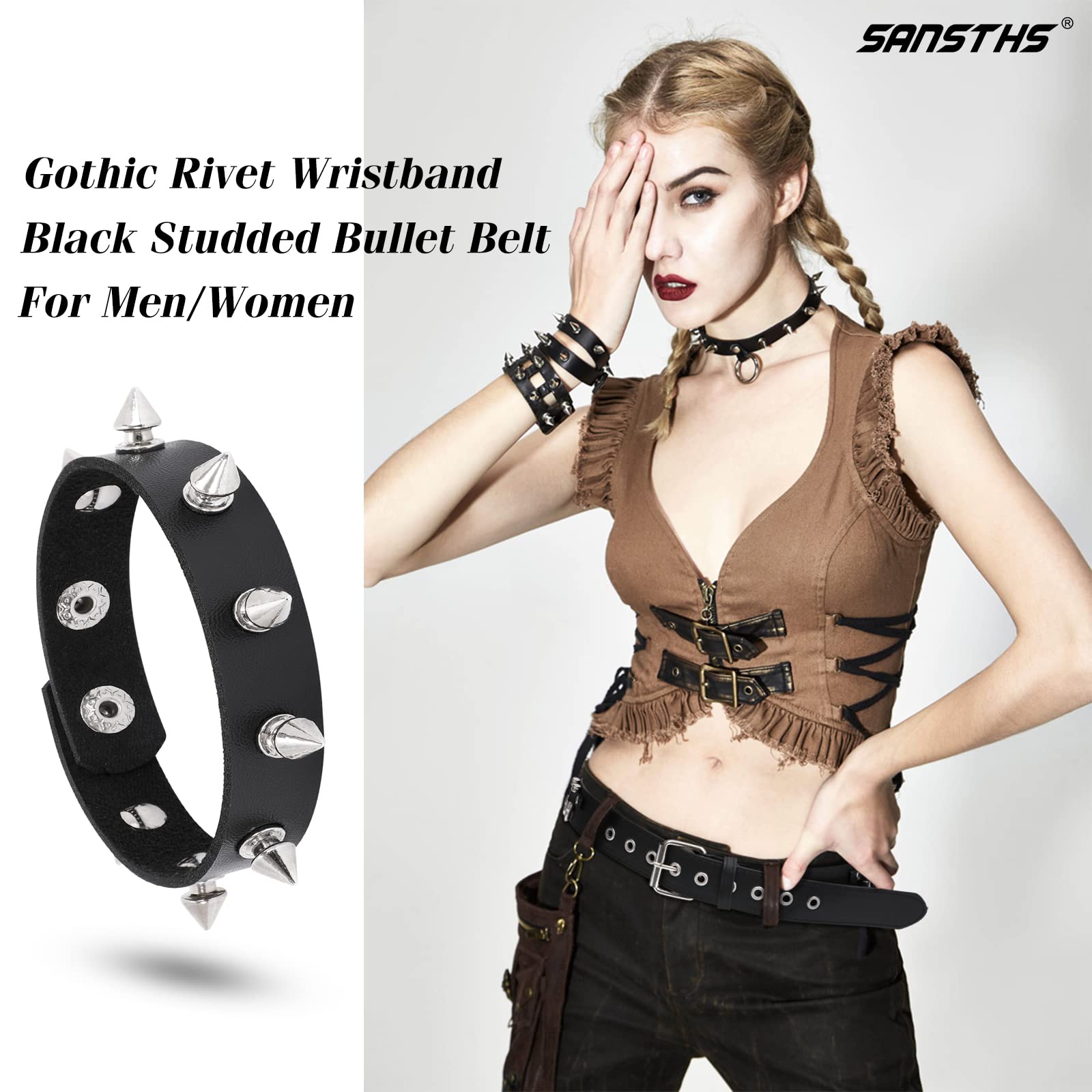 SANSTHS Bullet Rivet Belts Women Men Black Studded Gothic Belt Punk Style with Metel Buckle for Jeans Hip Hop(Black+Black,S)