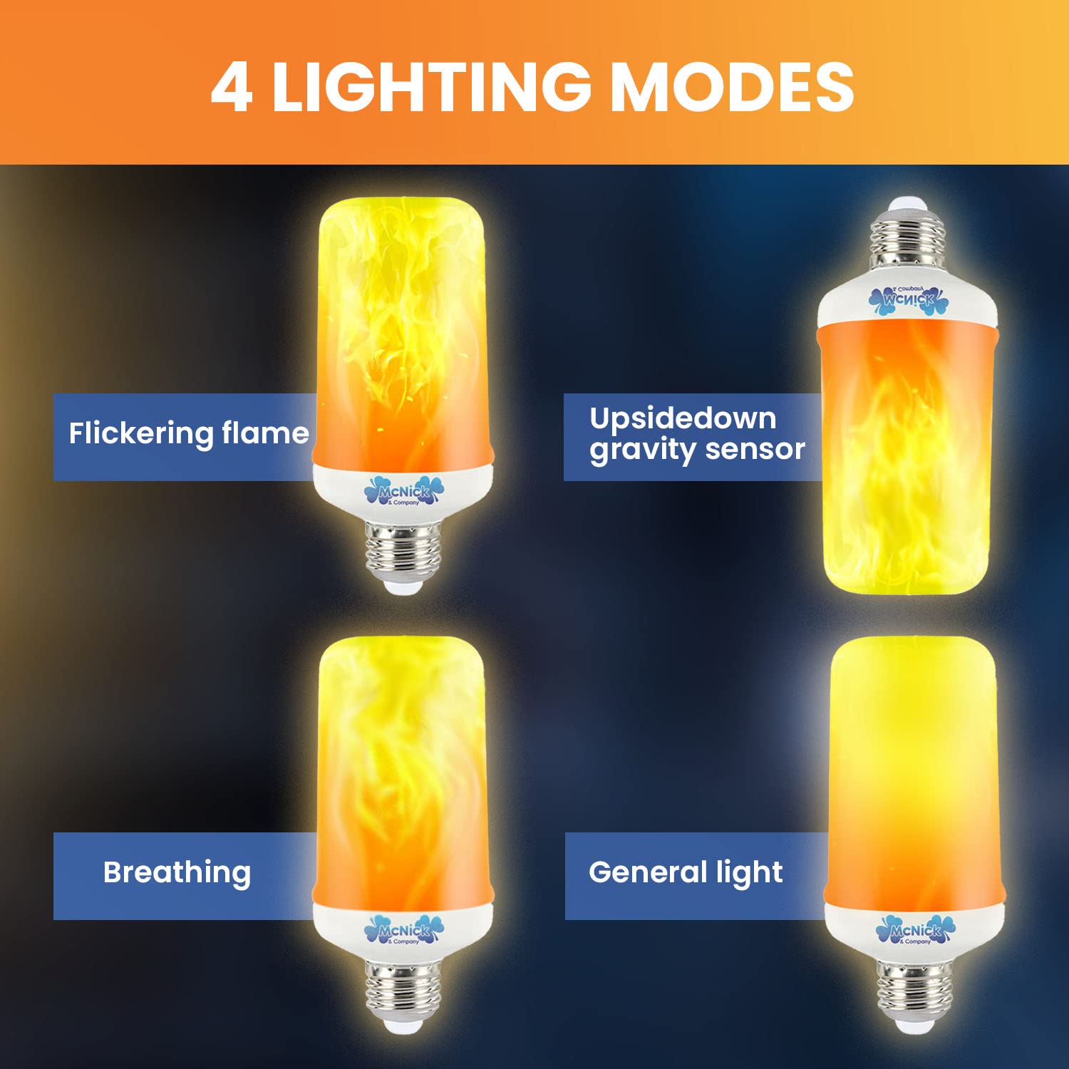 MCNICK & COMPANY Flame Light Bulbs - LED Flickering Bulbs (4 Pack) - Flicker Flame Light Bulbs That Look Like Gas Lanthern - Light Bulbs That Look Like Flames