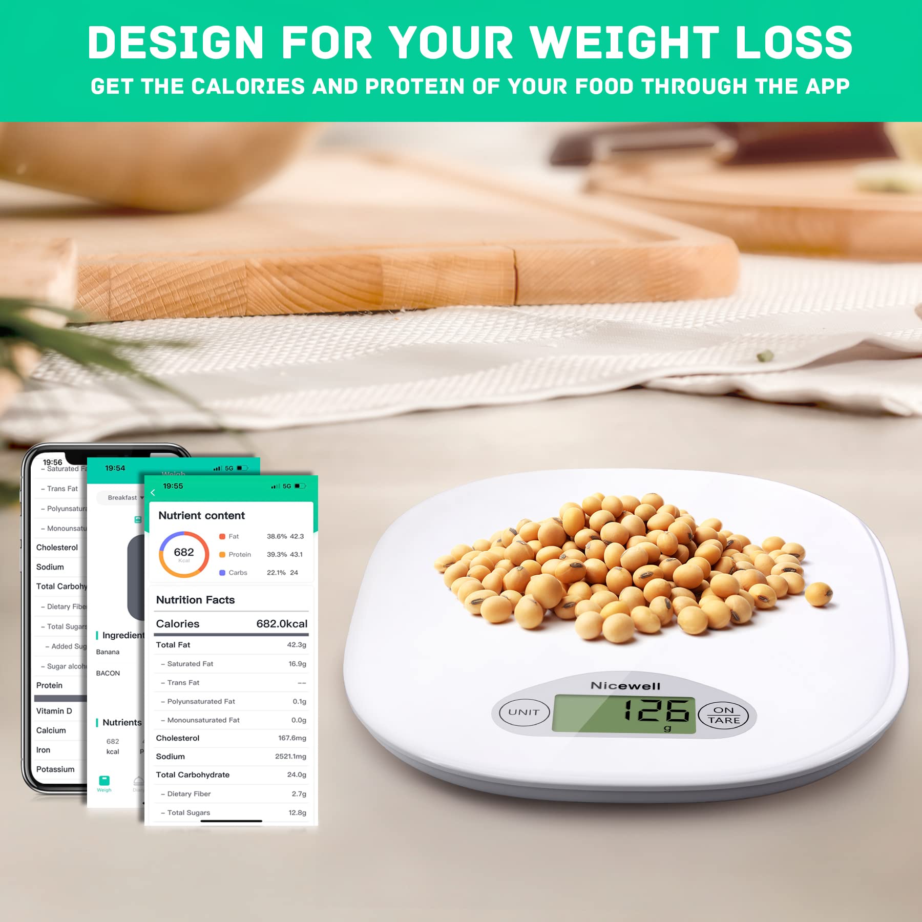 Nicewell Food Scale for Weight Loss, Digital Kitchen Scale for Food Ounces and Grams, 5kg/11lbs Max, 1g/0.1oz Increment for Cooking, Baking