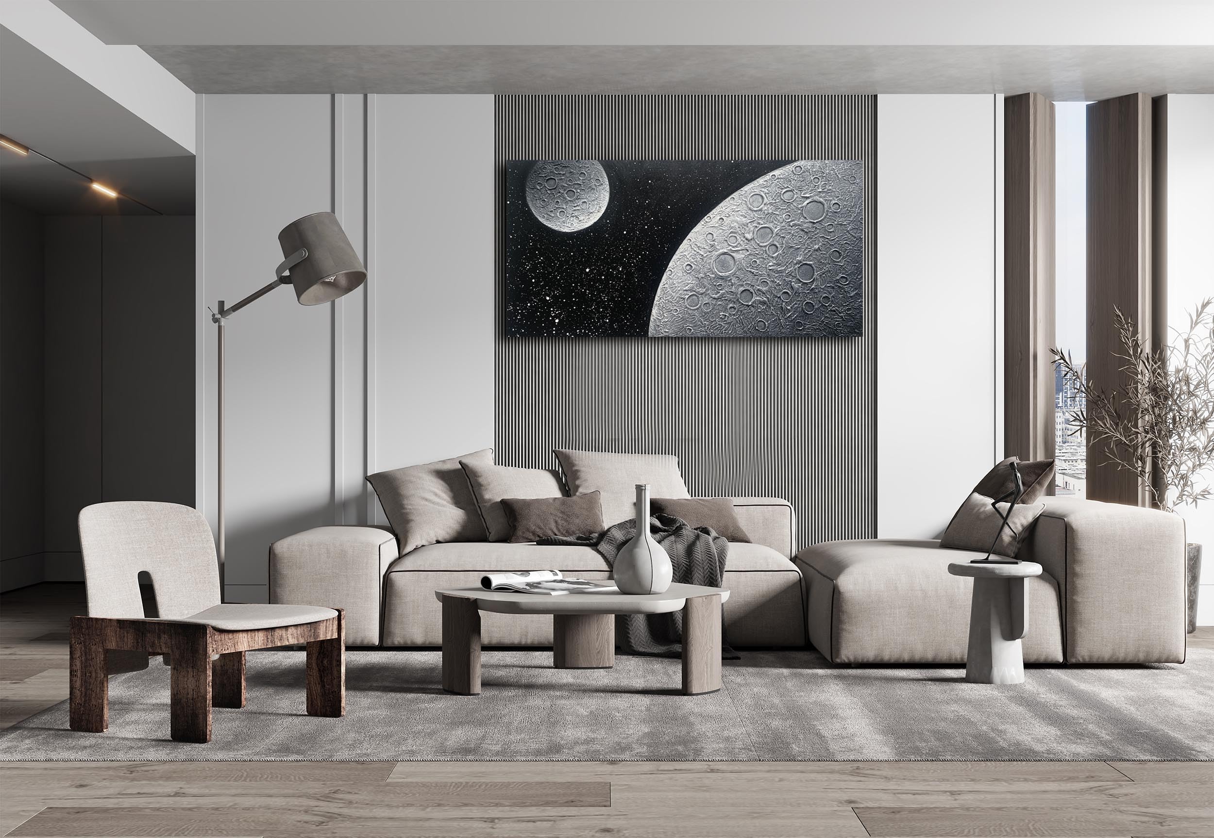 Landswaydecor Black and Grey Wall Art Moon Surface Canvas Oil Painting Home Decor Hand Painted Modern Textured 3D Artwork for Bedroom Living Room