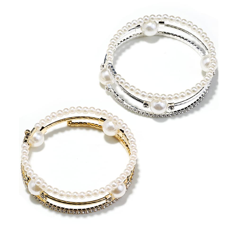 MyBuddy 2PCS Faux Pearl Wrap Bangle Bracelets,Pearl Stretch Beaded Layered Bracelets Blessing Bangle Jewelry for Women Girls Gift(Gold and Silver)