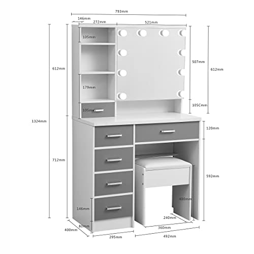 Large Makeup Vanity Set with Sliding Mirror,3-Color LED Bulb Adjustable Brightness, 6 Drawer & Hidden Storage Compartment Dressing Table,White