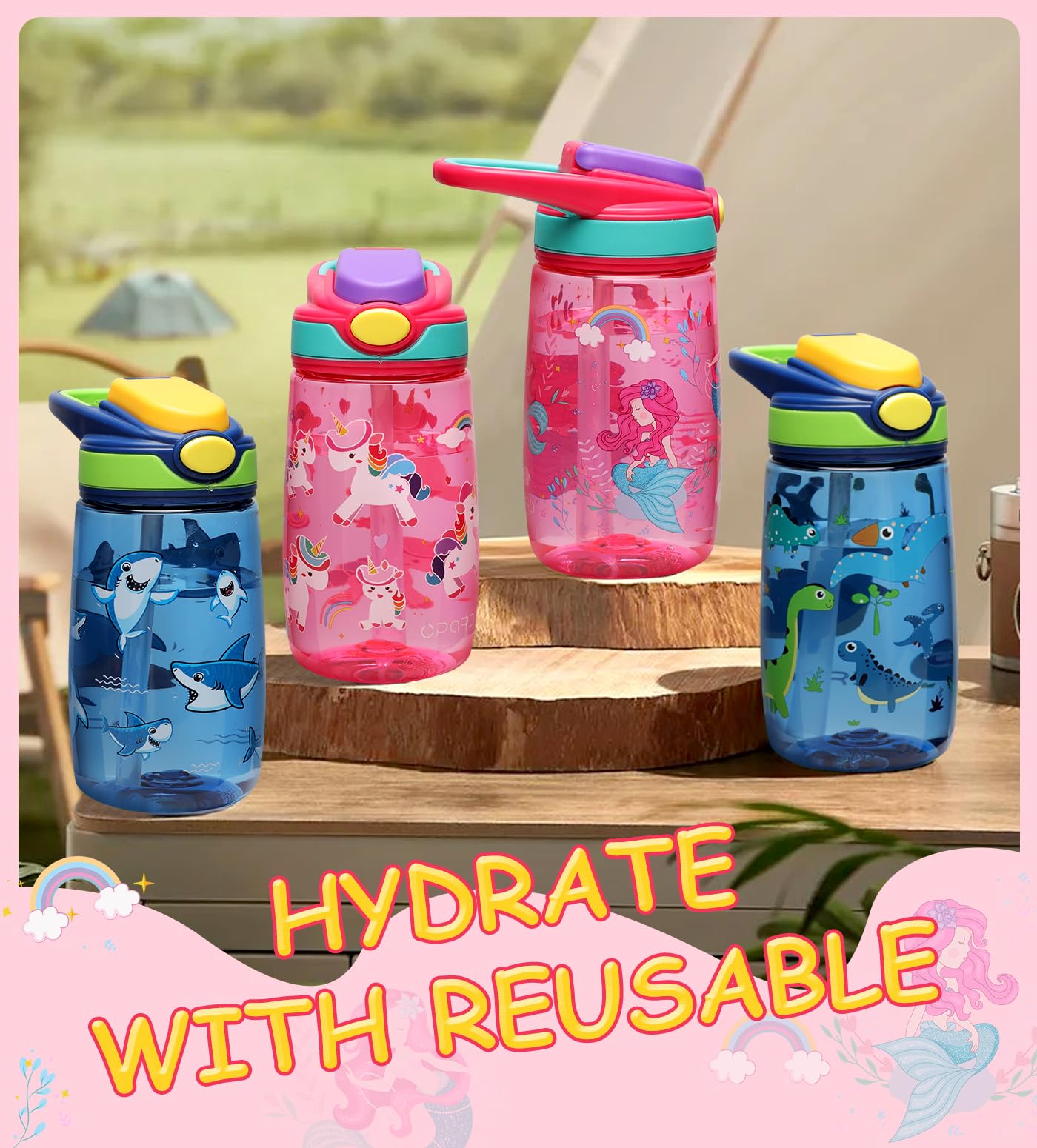 Opard Kids Water Bottle, BPA Free Tritan 13.5oz Water Bottle with Leakproof Lid, Straw & Carrying Loop for Toddlers