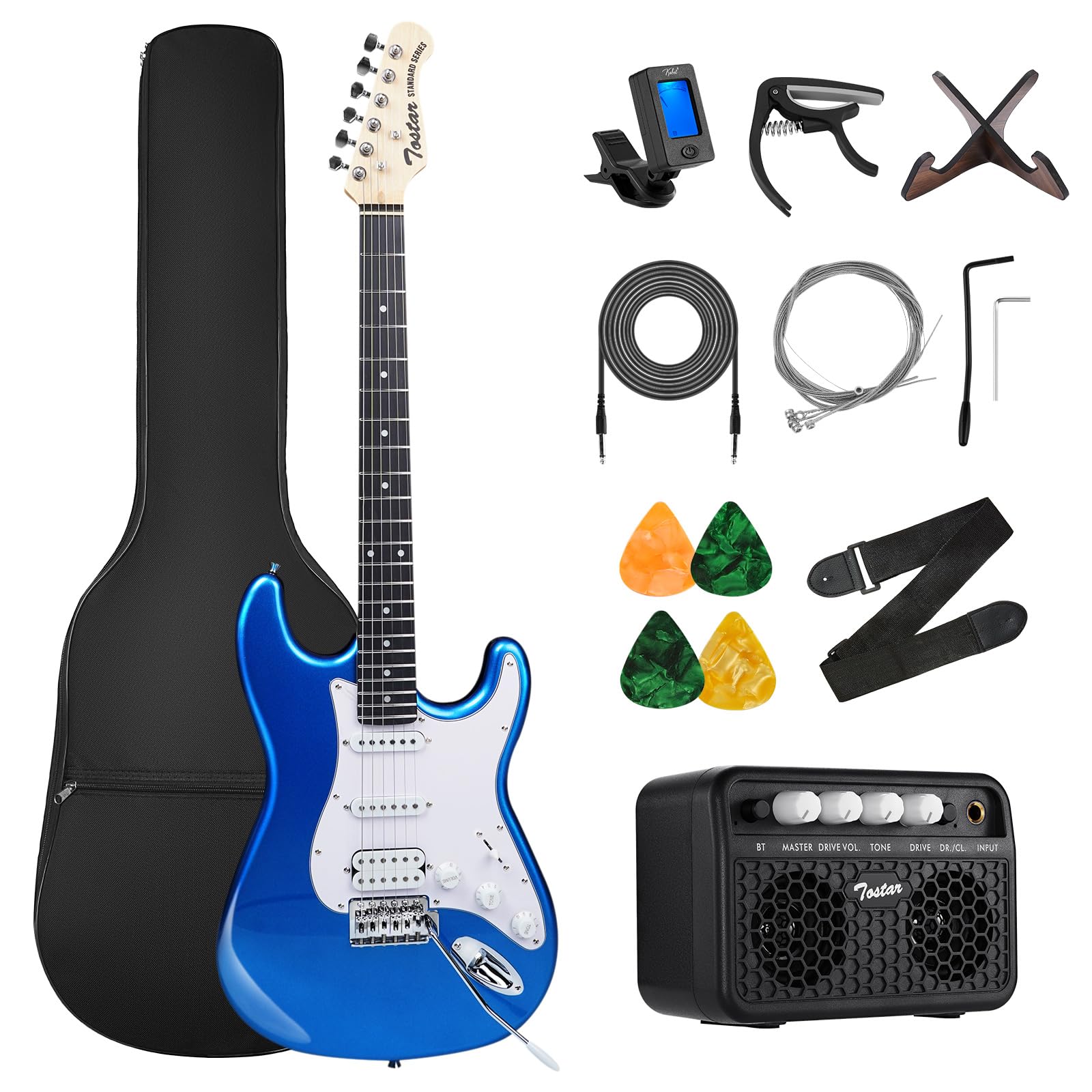 TOSTAR Electric Guitar Kit, 39 Inch Solid Wood Right Hand Guitar Electric for Beginners with Amp, HSS Pick Up, Poplar Body, Hand Polished(Lake Placid Blue)