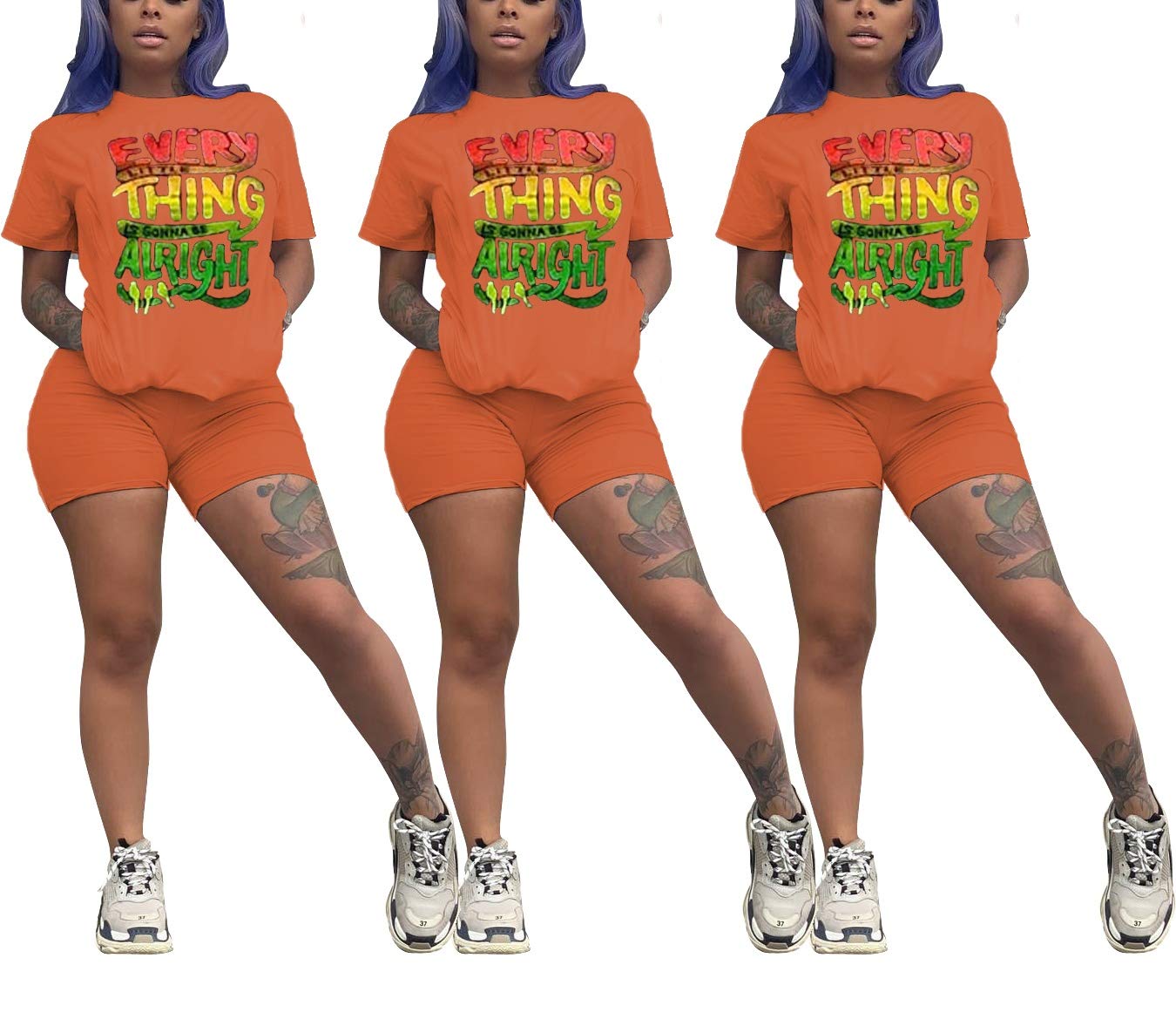 Molilove 2 Piece Outfits for Women Rainbow Short Sleeve Top Shorts Casual Tracksuit Jogging Suit Printed Short Two-Piece Set