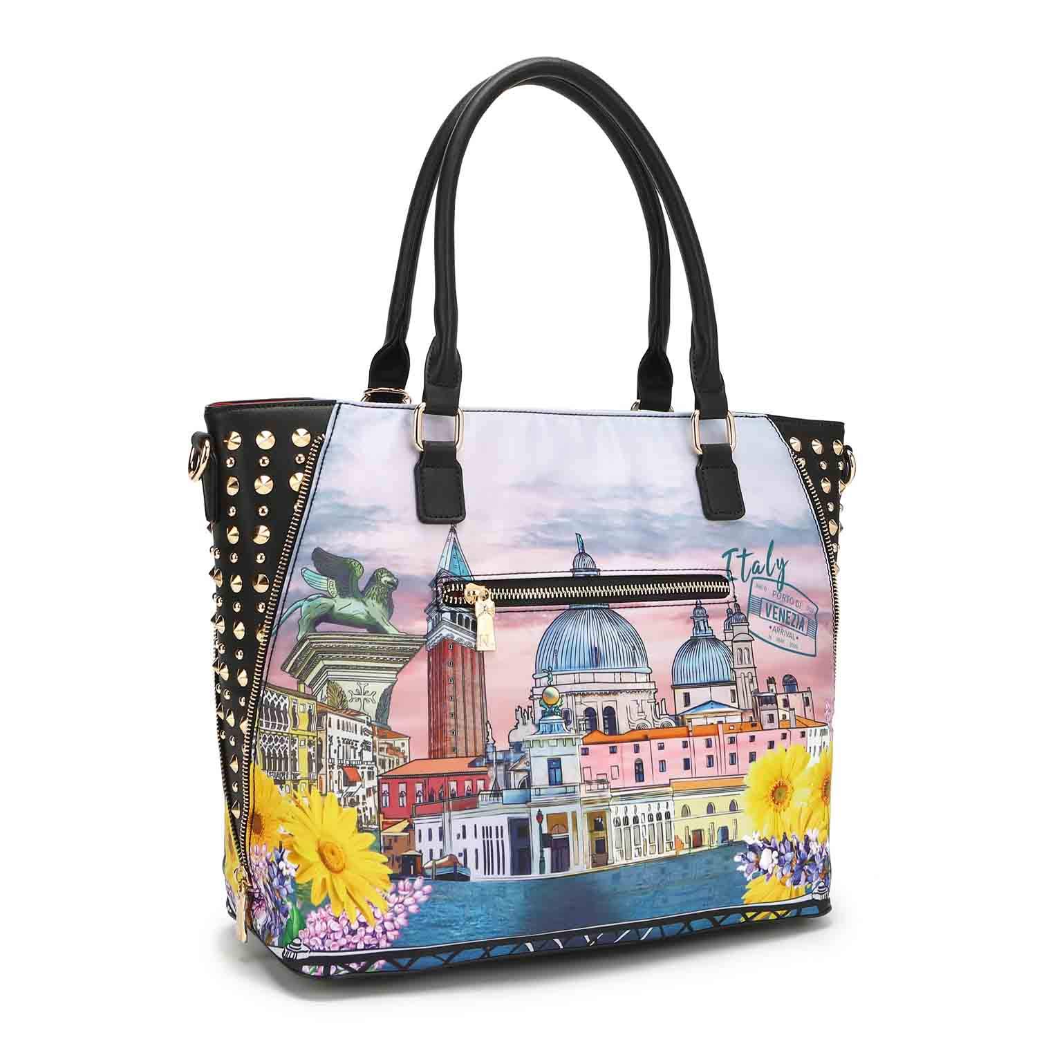 Nicole Lee HONEYMOON IN VENEZIA STUDDED NYLON PRINT SHOPPER BAG