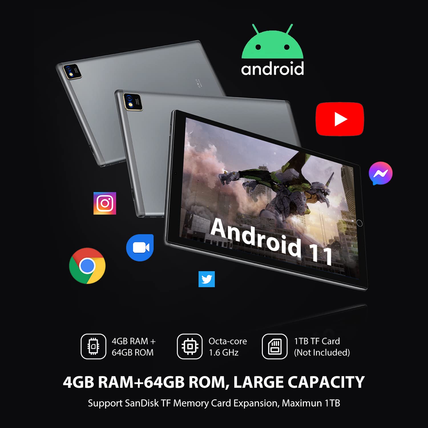 YOTOPT Tablet 10.1 inch Android 11 Tablets, Octa-Core 64GB ROM 4GB RAM 1 TB Expand Tablet, 2.5D IPS HD Touch Screen, 8MP Camera, WiFi, GPS, FM, U10 Android Tablets WiFi Only
