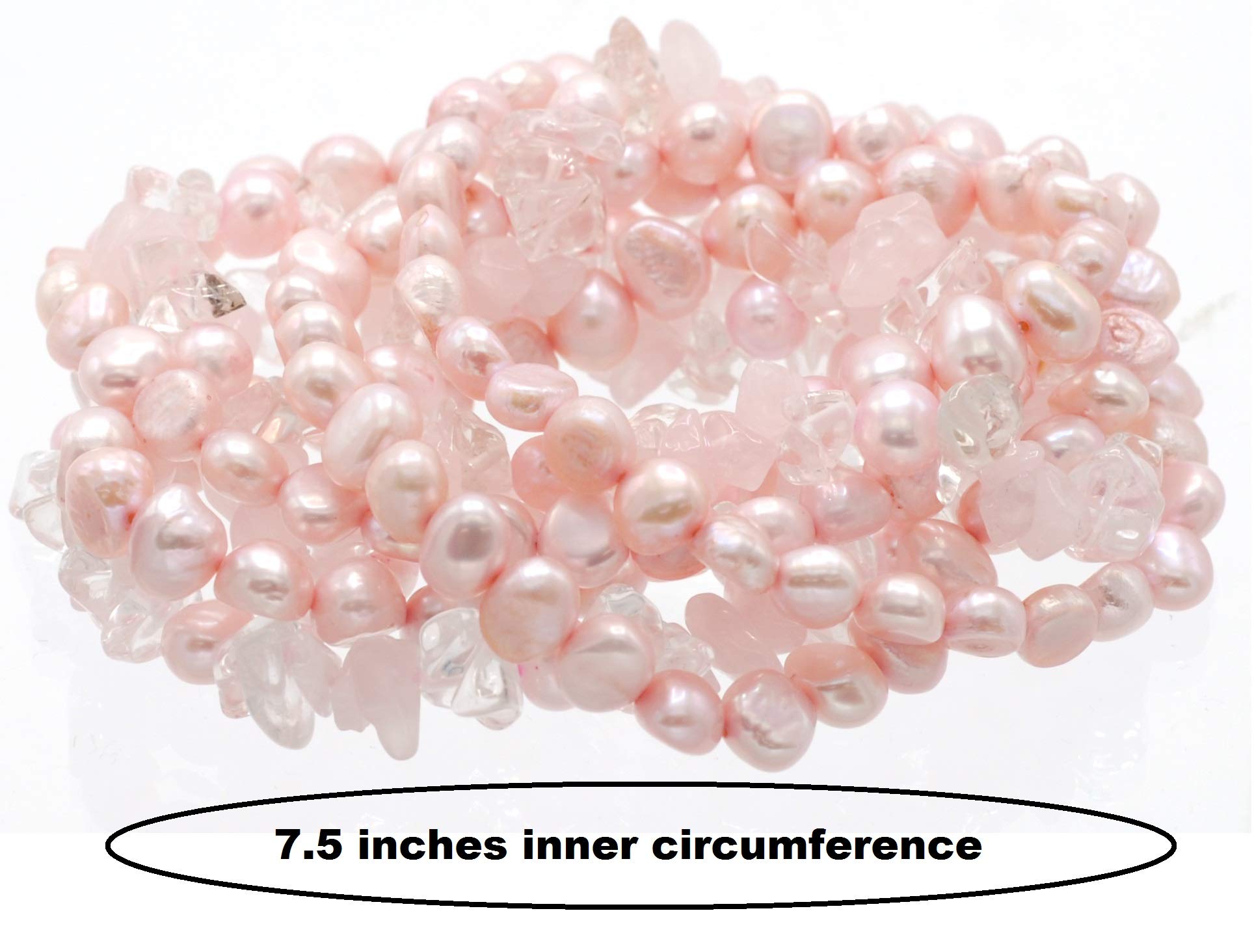 LTC Designs Set of 7 Dyed Pink Cultured Freshwater Baroque (5.5-6mm) Pearl and Rose/Crystal Quartz Stretch Bracelets, 7.5" for Women