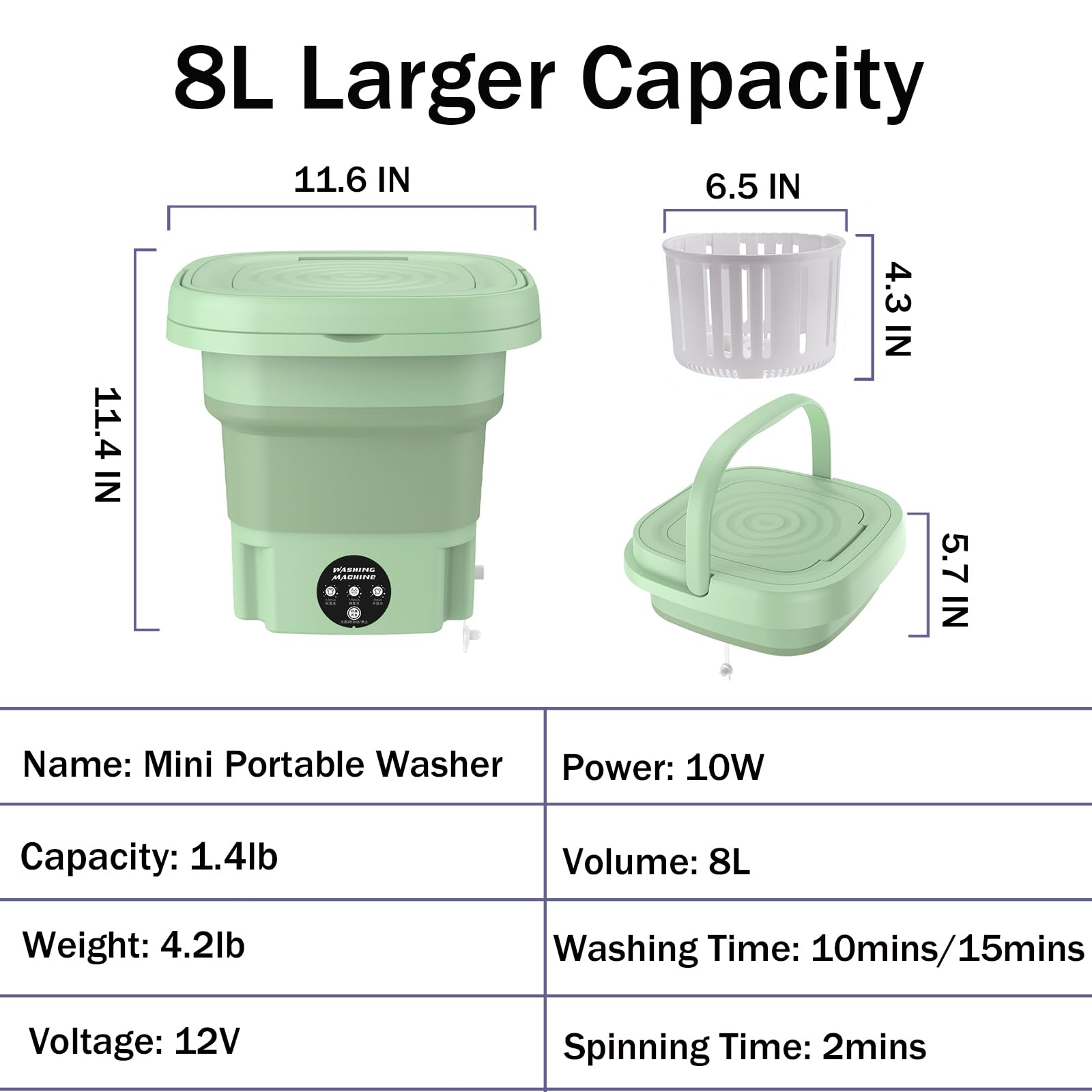 Oivley Mini Washing Machine Foldable, Mini Washer with Drain Basket Portable Washing Machine Foldable for Apartments, Laundry, Travel, Camping, RV or Underwear, Baby Clothes, Small Items-Green