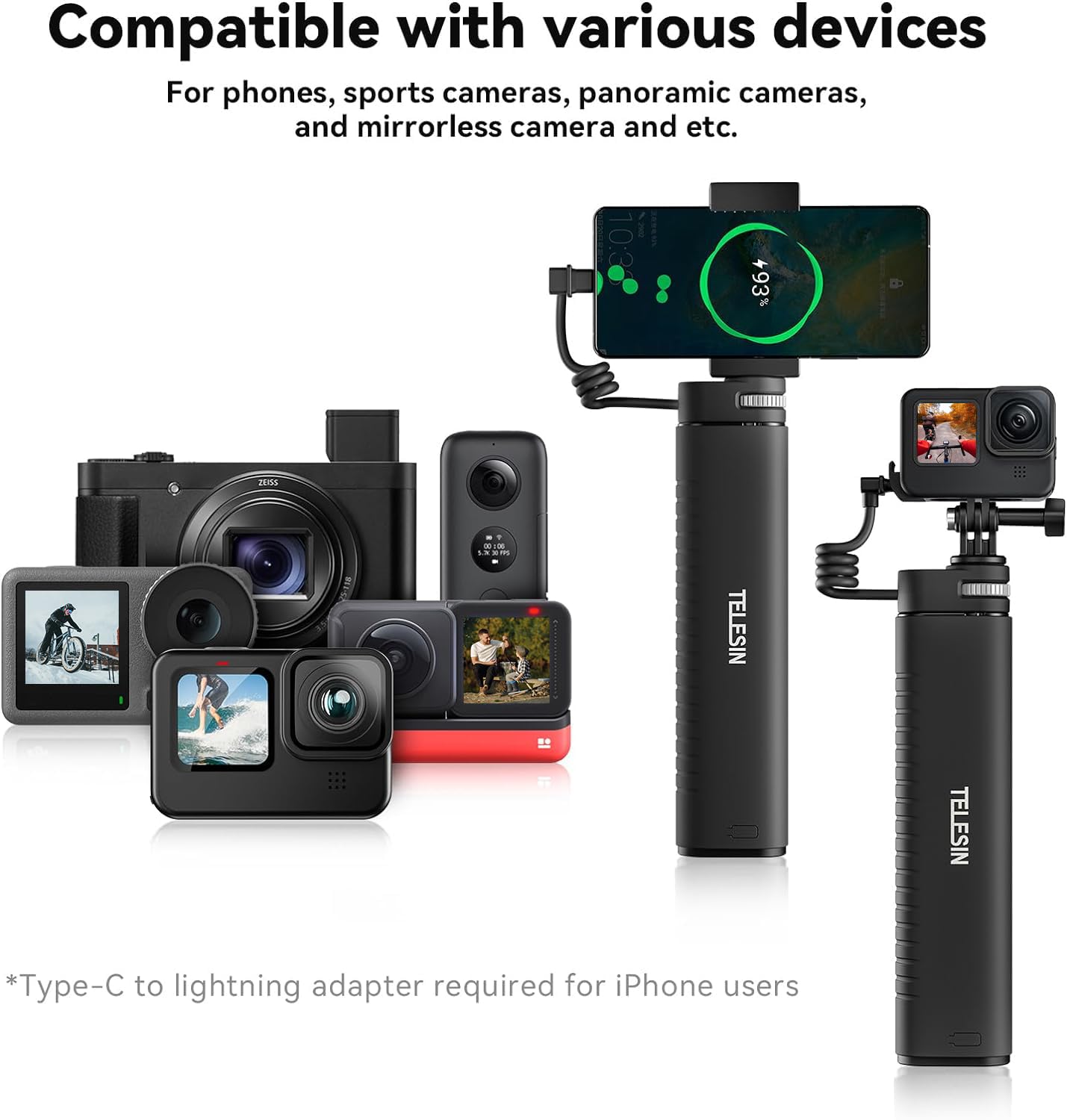 TELESIN Power Grip 35.4" Extension Selfie Stick Handler for Phone GoPro Mirrorless Camera Waterproof Large Capacity Battery Charger Bank for GoPro Hero 13 12 11 10 9 Insta360 DJI Action iPhone Android