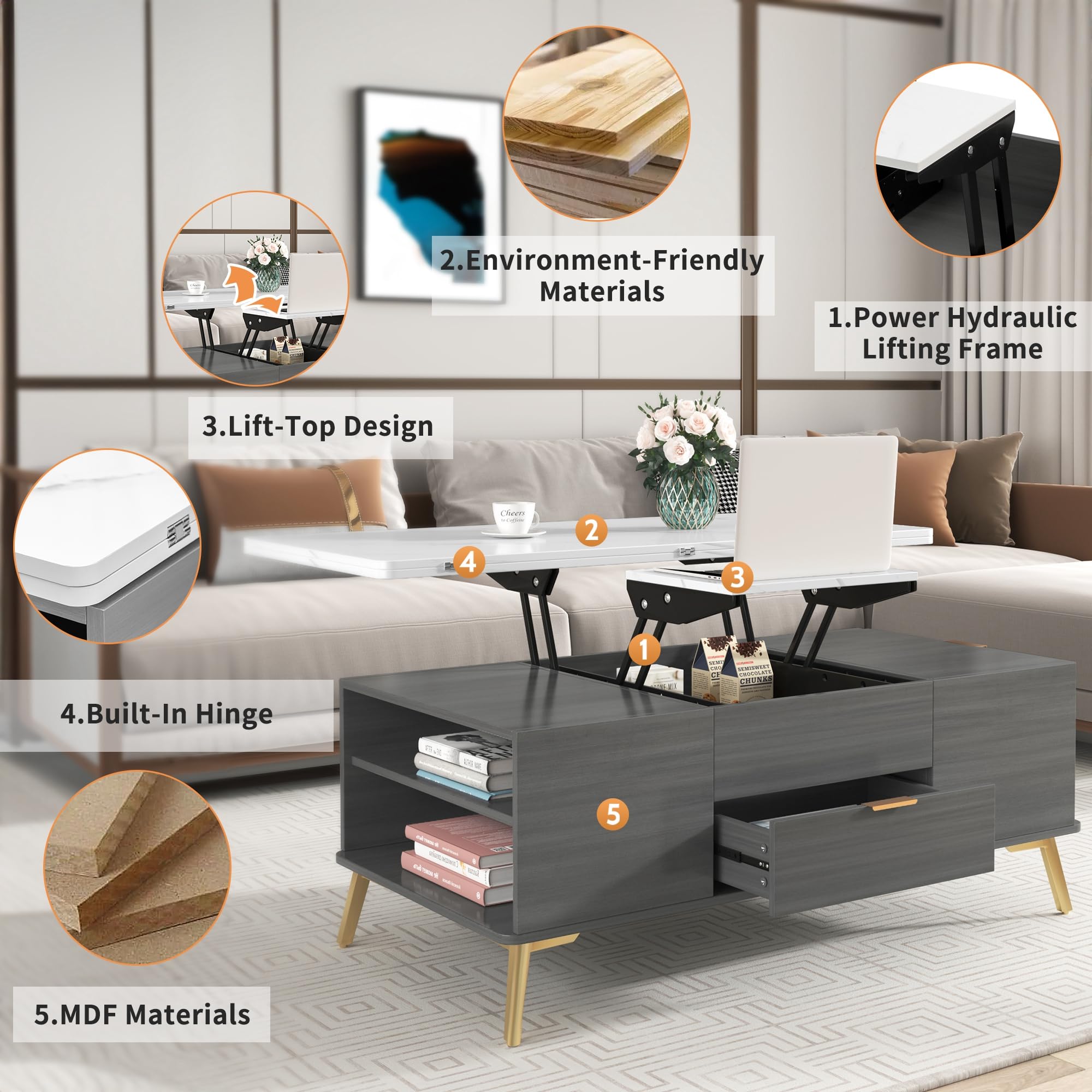 Merax Coffee Table for Living Room Lift Top with Drawers Storage Shelf Desktop Modern Accent Furniture Space Saving Bedroom(47.2 Inch), Gray/Marbling White