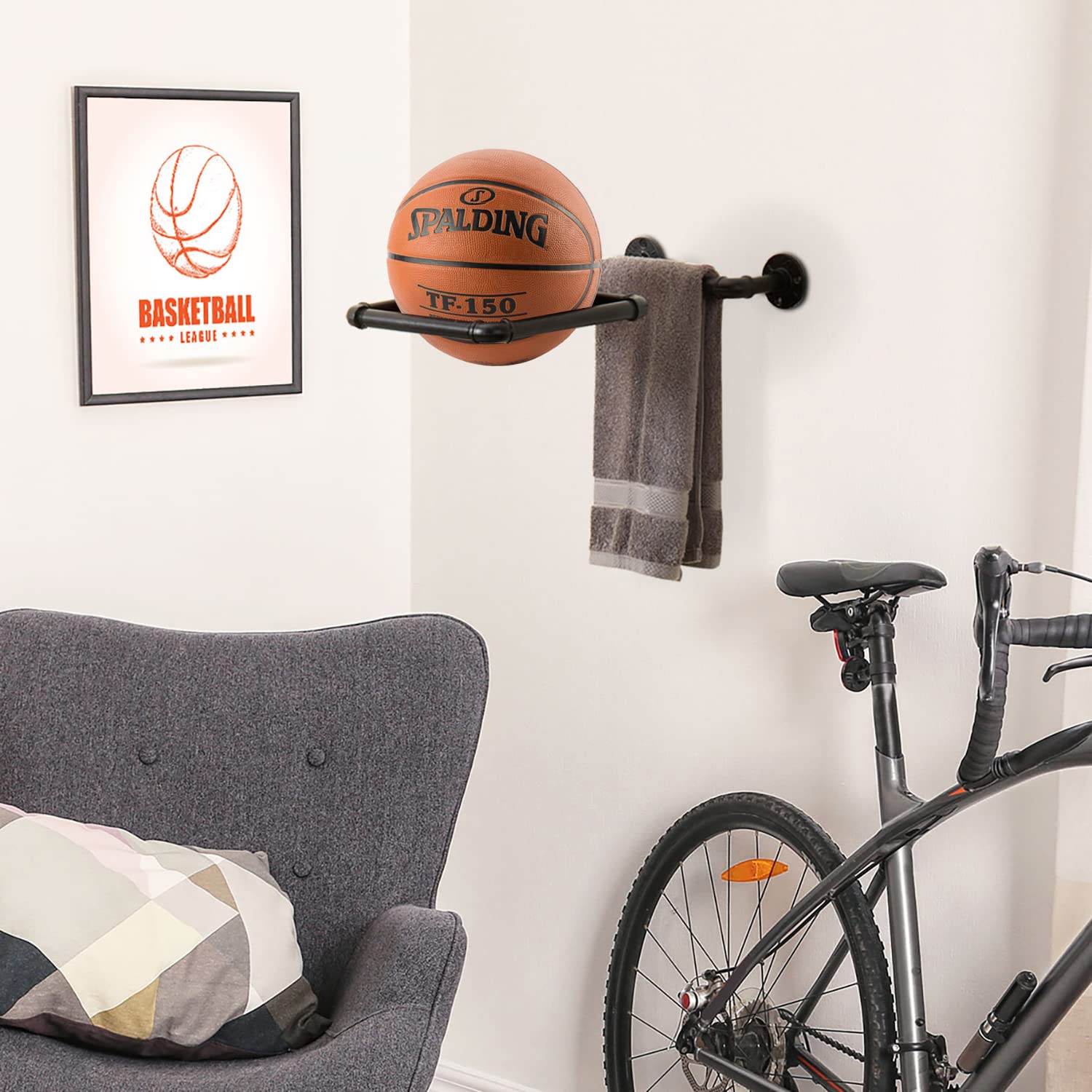 MyGift Wall-Mounted Exercise Ball Rack | Black Industrial Pipe Yoga Stability Ball Storage Display Holder for Home Gym and Studios, Set of 2