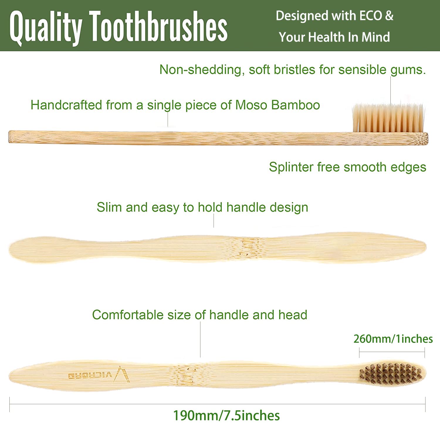 VICROAD Adult Bamboo Toothbrushes BPA Free Soft Bristles Toothbrushes Eco-Friendly, Natural Bamboo Toothbrush Set Biodegradable, Compostable & Organic Charcoal Wooden toothbrushes(10 Pack