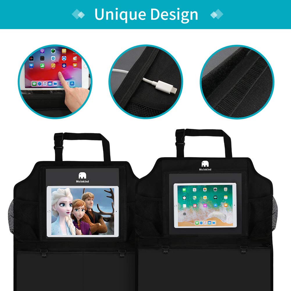 Meinkind Car Backseat Organizer, 2-Pcs Car Seat Protector Back Seat Organizer Kick Mats with Clear Screen Tablet Holder, Water-Proof Car Seat Organizer, Travel Organizer for Kids and Toddler, Black