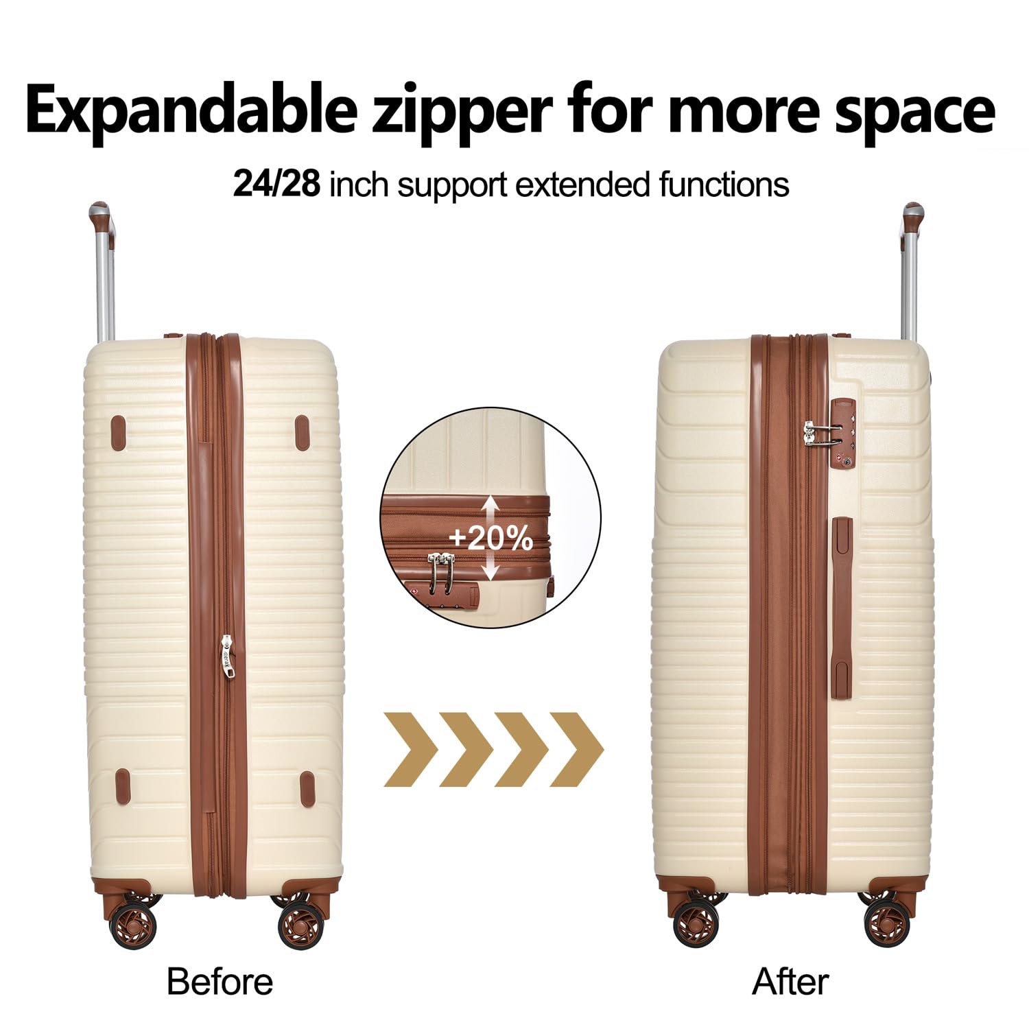 Merax Luggage Sets 3 Piece Suitcases Set ABS Expandable 8 Wheels Spinner Suitcase, TSA Lock Travel Luggage For Man And Women (Cream Brown)