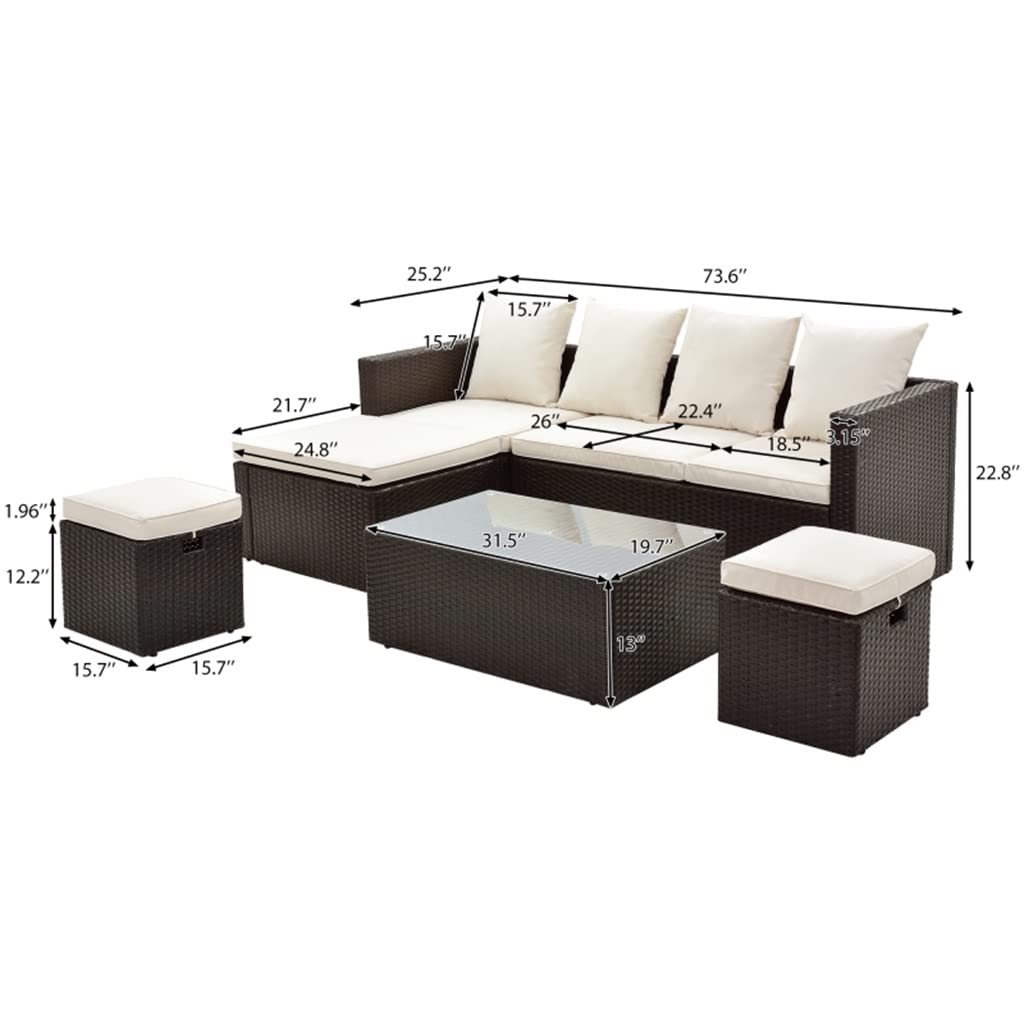 LHLLHL 5 Piece Patio Furniture PE Rattan Wicker Combo Recliner Sofa Set with Glass Table and Adjustable Chairs
