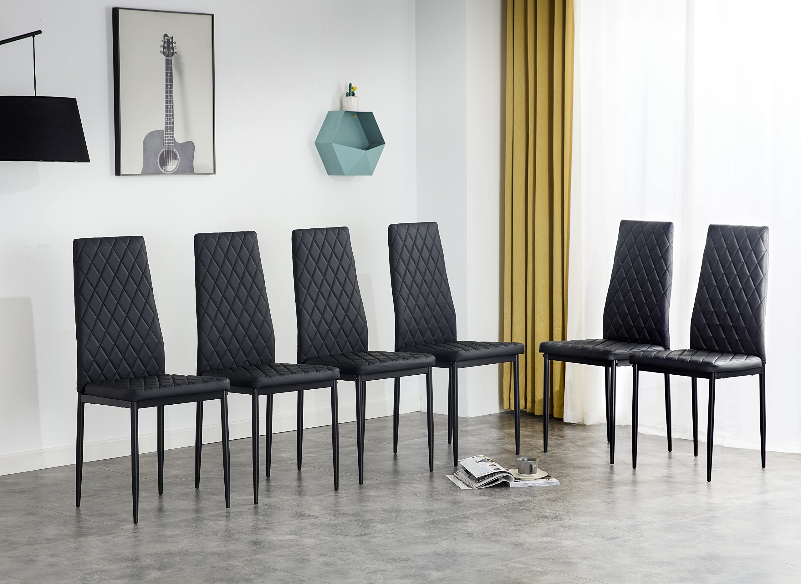 LIADTOP Set for 6, PU Leather Set of 6 Living, Modern Upholstered Side Chairs with Stable Metal Legs,for Dining Room, Kitchen, Restaurant,Black, OneSize