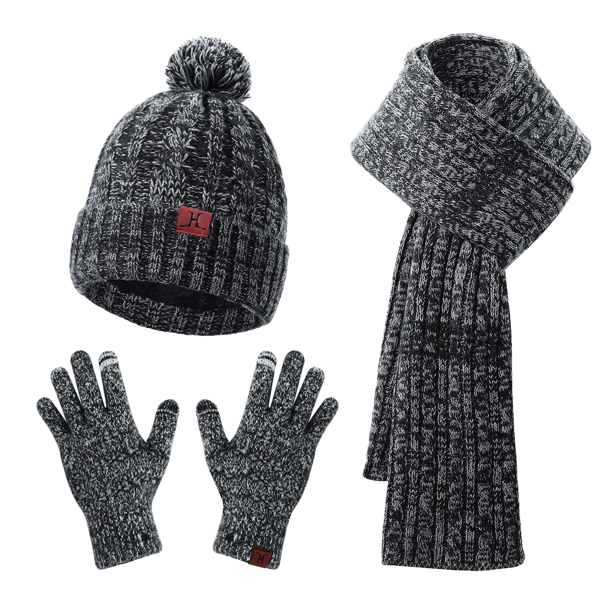 MAYLISACC Ladies Knit Beanie Hat Neck Warmer Scarf and Touch Screen Gloves Set, Double Layer Fleece Bubble Cap for Women