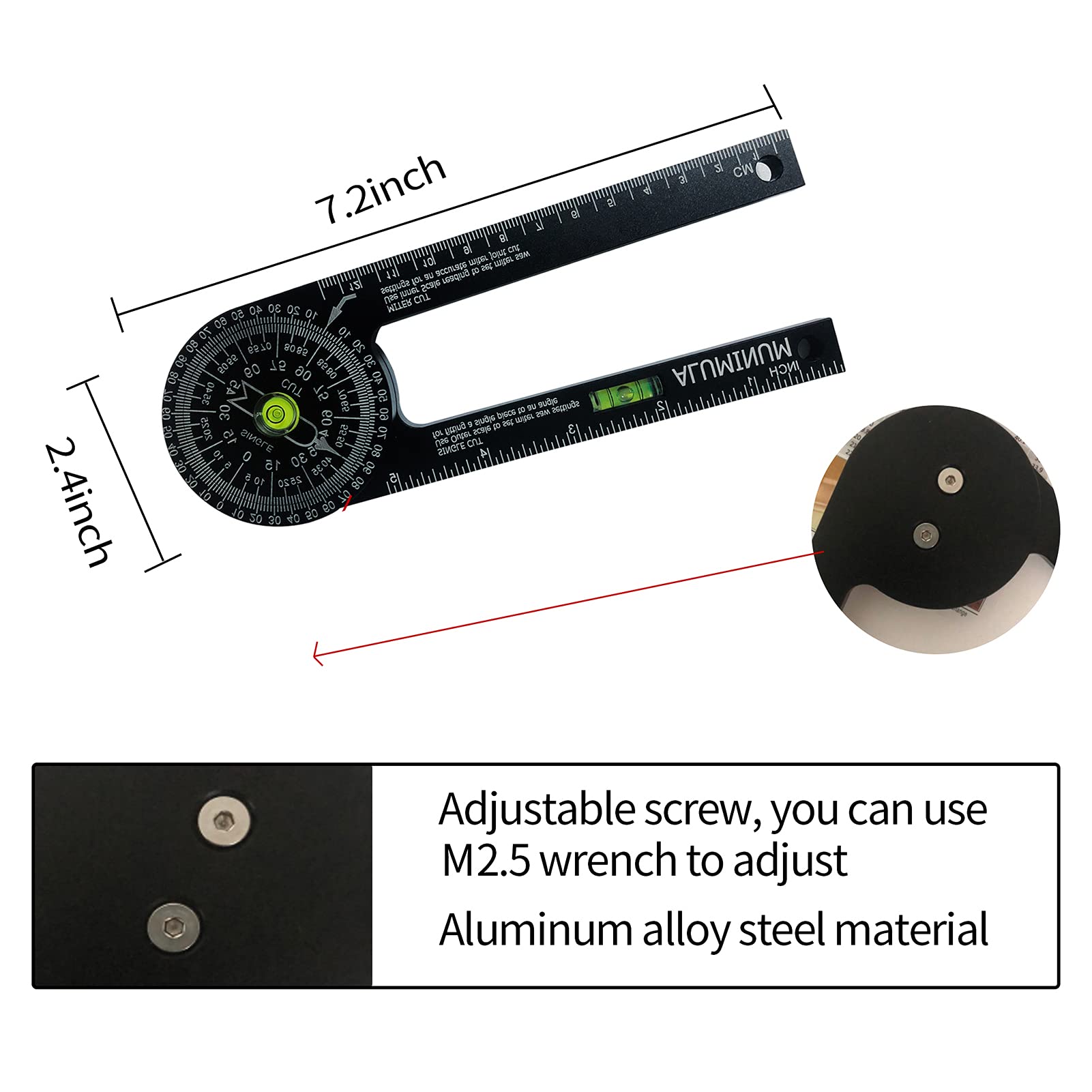 MYLMCF 7.2 Inch Aluminum Miter Saw Protractor, Protractors Angle Finder with Mini Level Gauge, Angle Finder Gauge Cutting Guide Tool With Laser for Carpenters, Plumbers and All Building Trades(Black)
