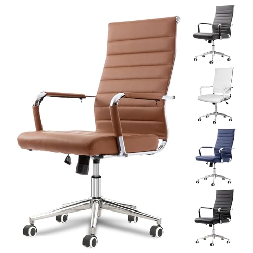 Okeysen Office Desk Chair, Ergonomic Leather Modern Conference Room Chairs, Executive Ribbed Height Adjustable Swivel Rolling Chair for Home Office. (Brown)
