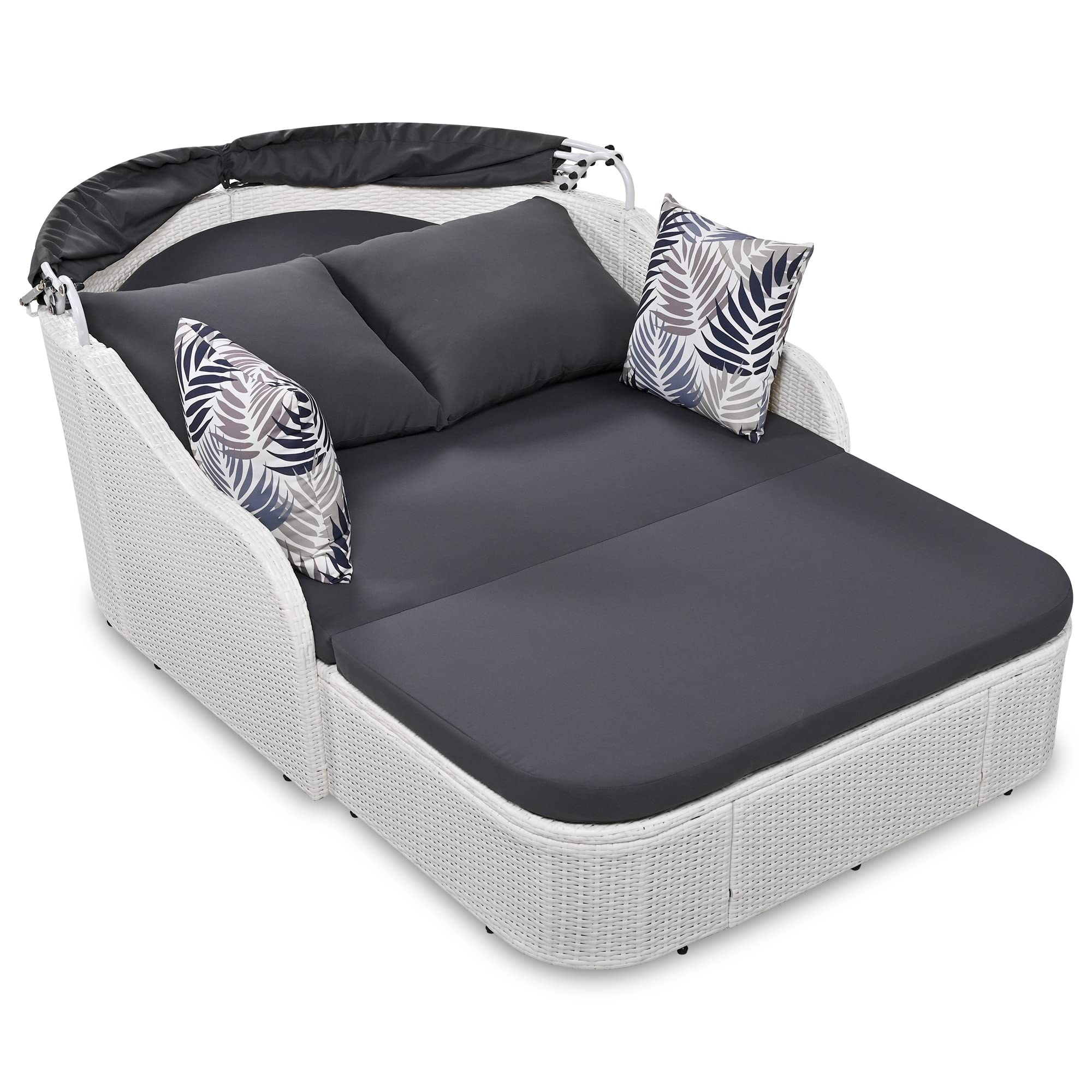 Merax Patio Furniture Sets, Outdoor Sunbed with Adjustable Canopy, Double Lounge, PE Rattan Daybed, White+Gray