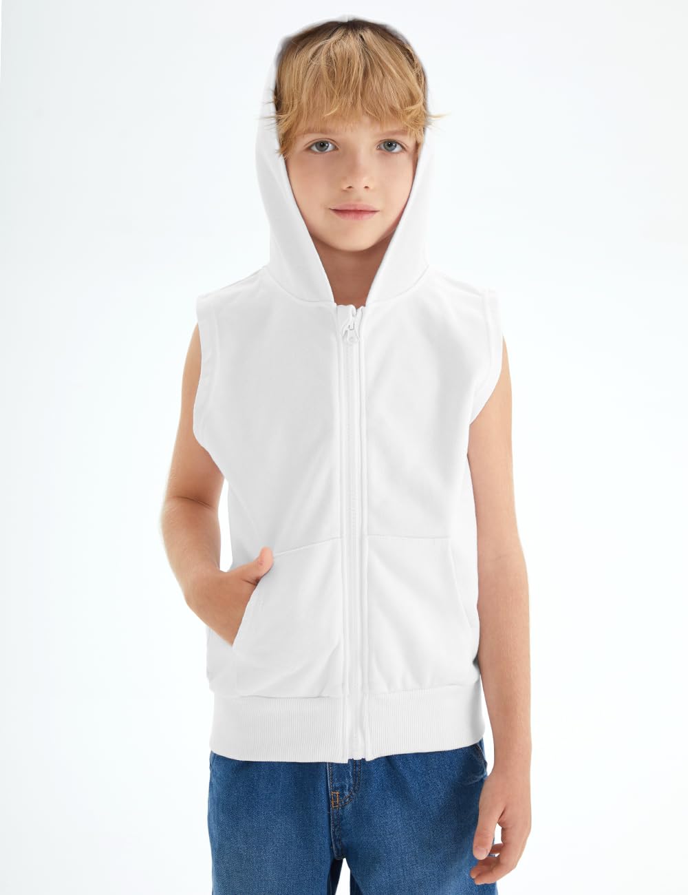 Spring&Gege Boys’ Full Zip Sleeveless Hooded Vest Basic Solid Zipper Tank Tops Hoodie with Pockets, White, Size 3-4 Years