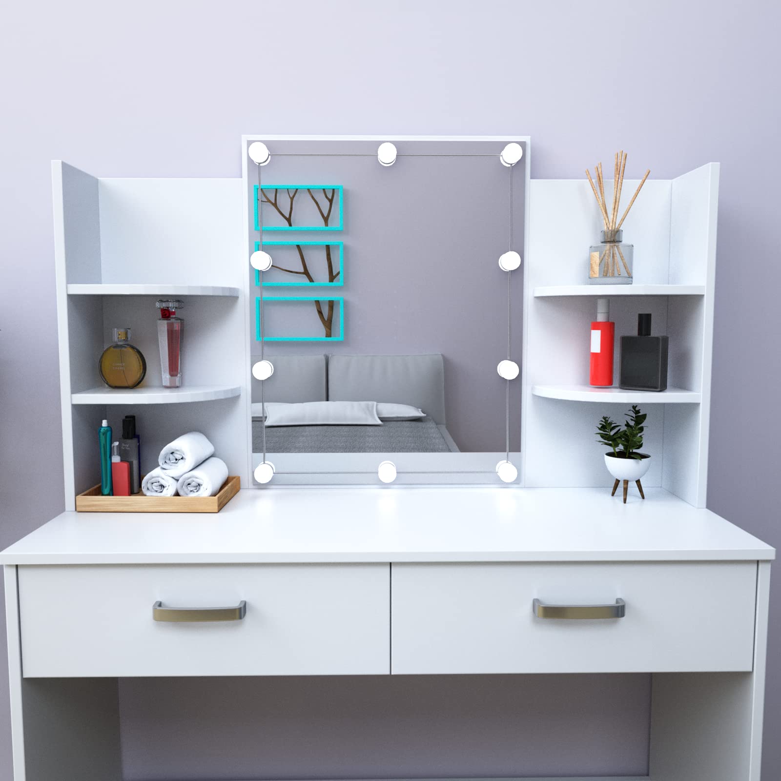 Large Vanity Set with 10 LED Light and Mirror, Makeup Table with Cushioned Stool, 6 Storage Shelves 2 Drawers, Dresser Desk for Women, Girls, Bedroom, White