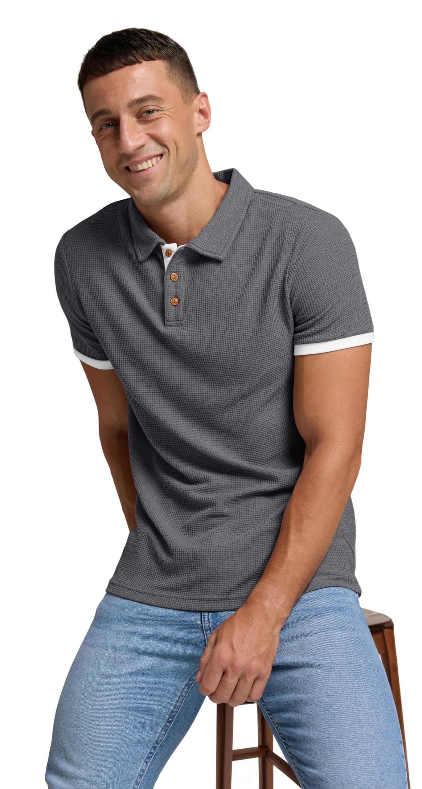 Sailwind Men's Waffle Knit Short Sleeve Casual Polo Shirts Dark Gray
