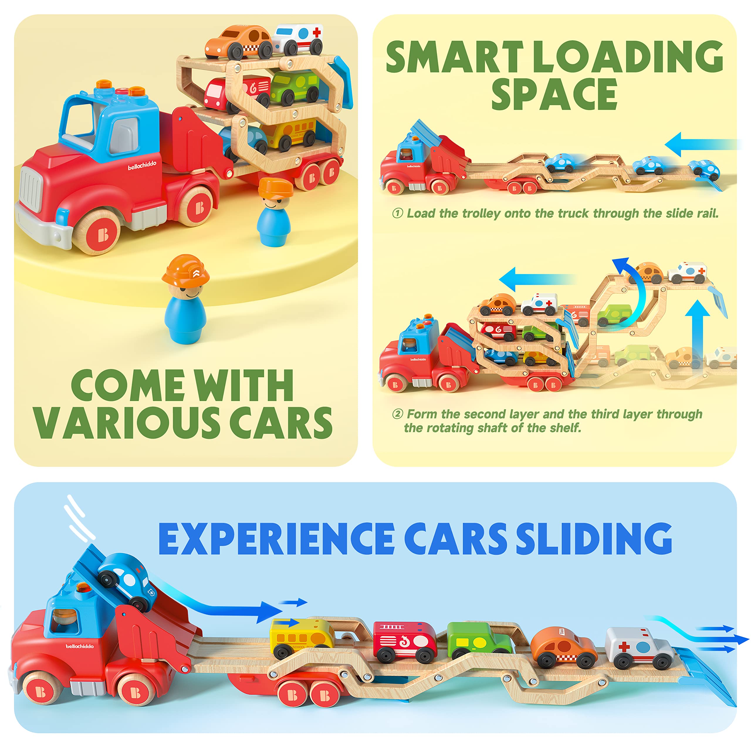 Transformable 3-Layer Wooden Car Carrier Truck Toy with Lights & Sounds - Car Toys for Kids