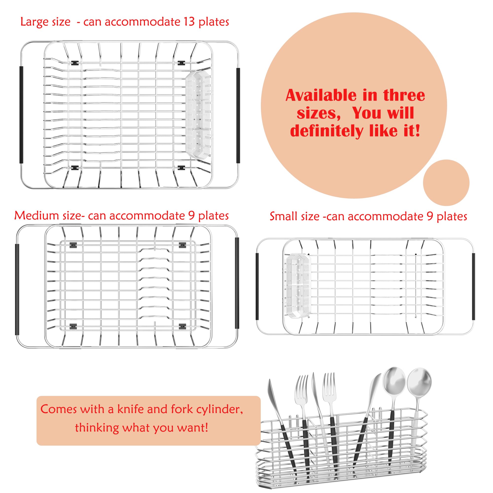 NiuYichee Expandable Dish Drying Rack, Drainage Rack Over Sink, Stainless Steel Dish Drainer Rack Organizer in Sink, Dish Drainer Basket Shelf on Counter, with Stainless Steel Utensil Holder