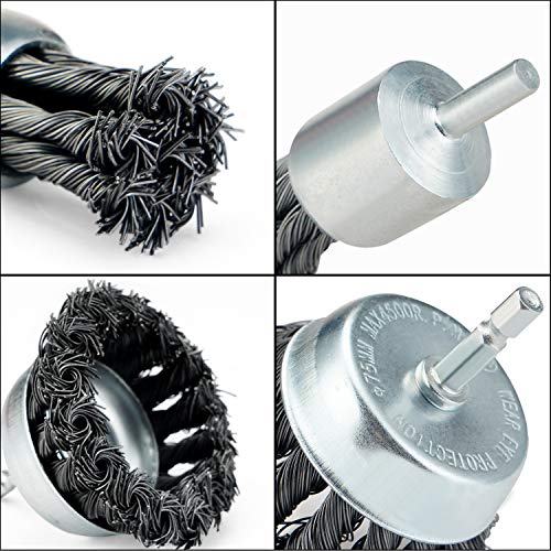 TILAX 3 Inch Wire Cup Brush End Brush Set 3 Piece, Wire Brush for Drill 1/4 Inch Hex Shank Arbor 0.012" Brass Coated Crimped and 0.019" Carbon Steel Knotted Wire Brush, for Drill Attachment