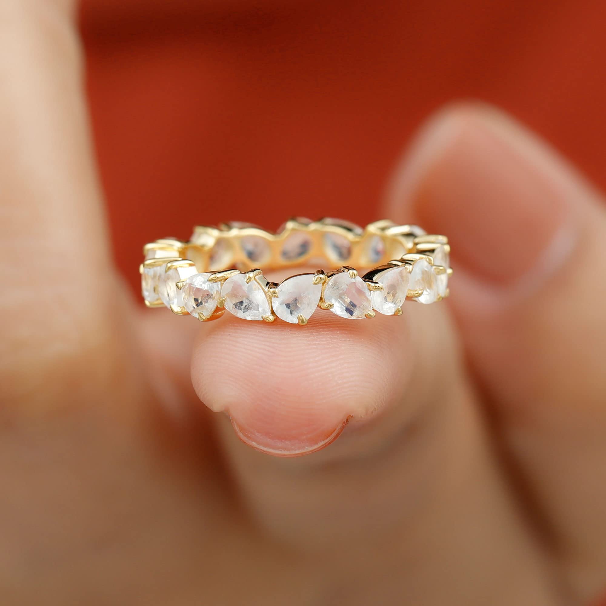 Rosec Jewels Moonstone Eternity Anniversary Ring in Claw Set, Teardrop Wedding Band, June Birthstone, 14K Yellow Gold, Size:US 6.50