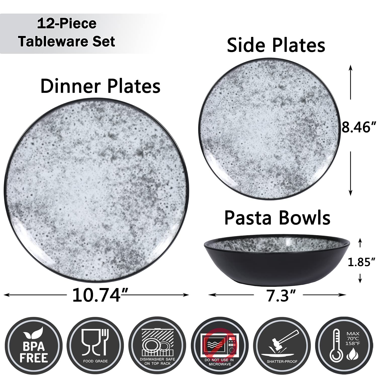 Melamine Dinnerware Set of 12 Pcs-Melamine Plates and Bowls Set for Indoor and Outdoor Use, BPA Free Dishwasher Safe, Lightweight Unbreakable(Glazed Grey)