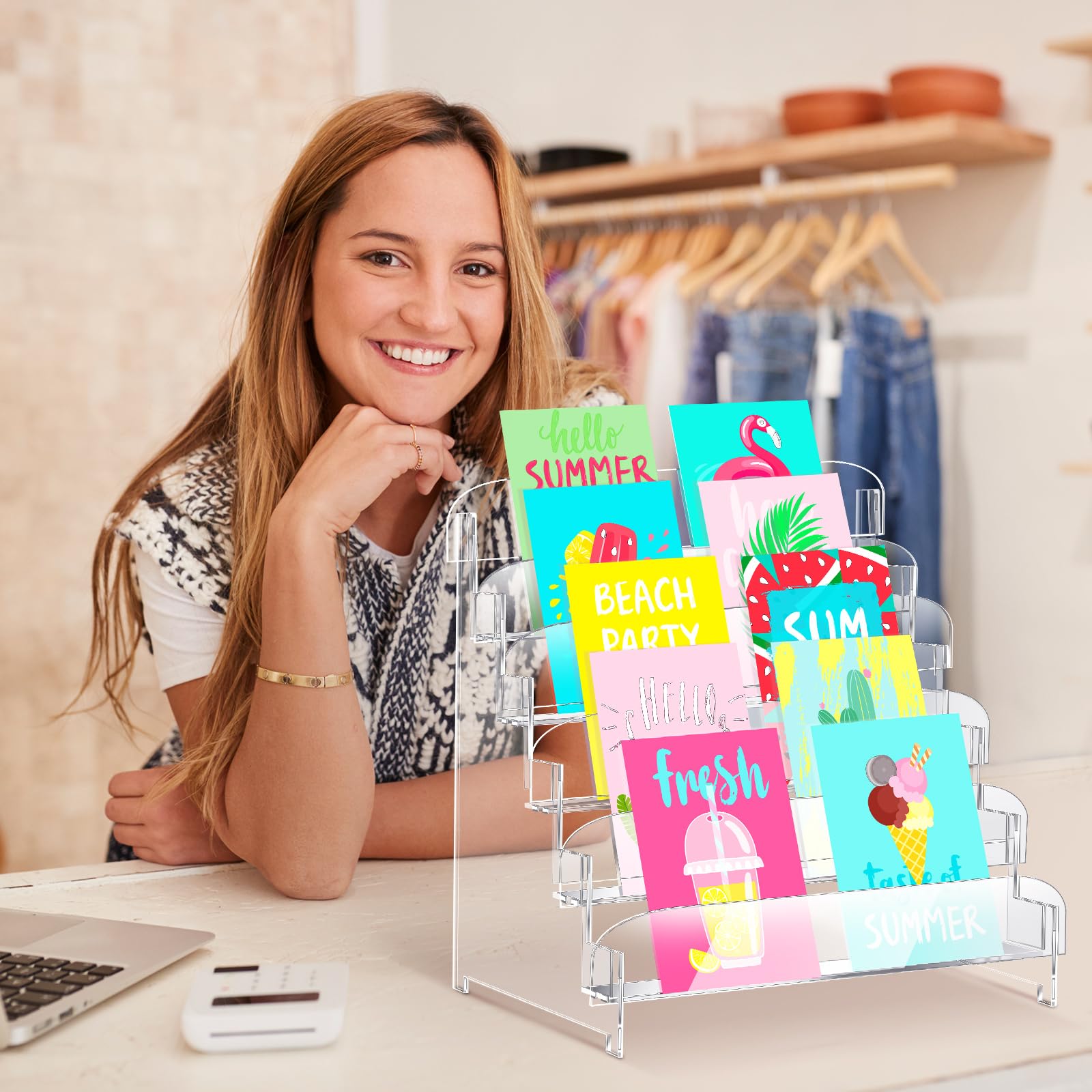 Yalikop 5 Tier Acrylic Greeting Card Display Stand Portable Greeting Card Display Rack Storage Sticker Greeting Card Organizer Stamp Postcard Mail Greeting Card Holder for Retail Counter Desk