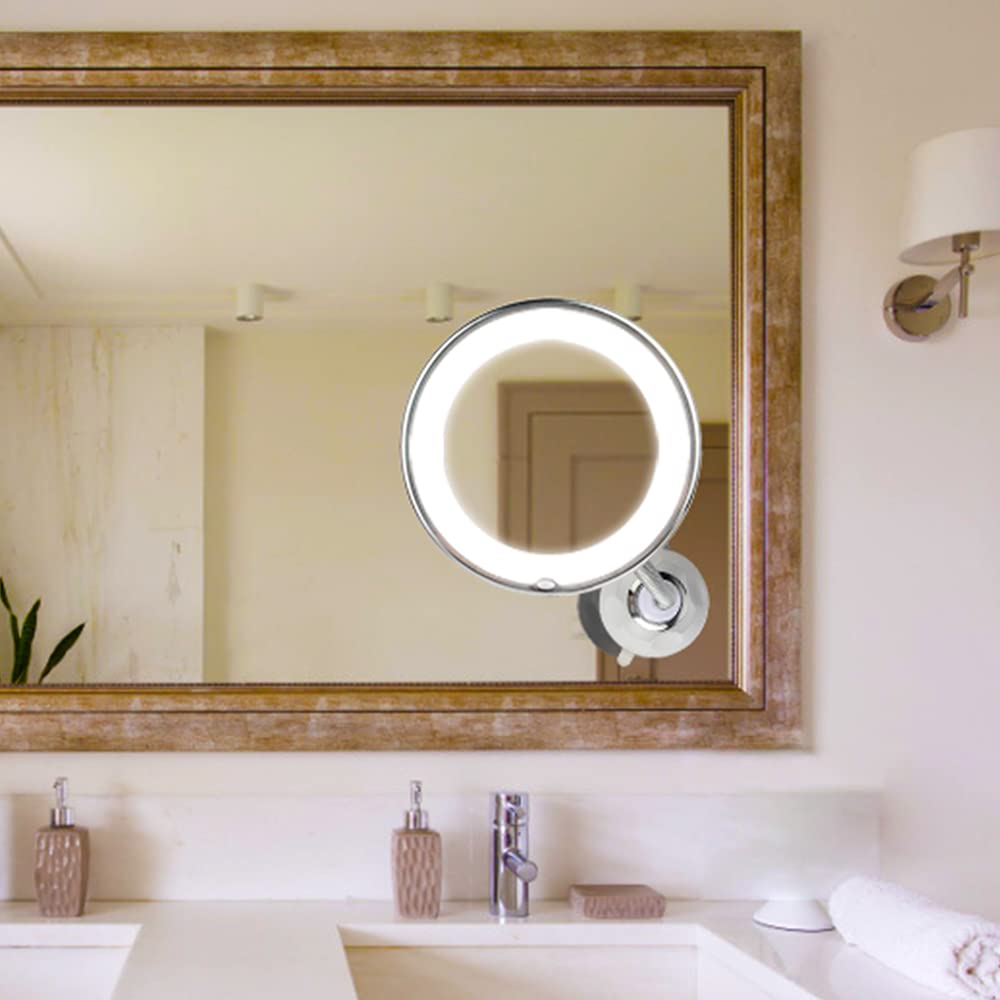 Magnifying Makeup Mirror Flexible Gooseneck LED Lighted with with Strong Suction Cup, Bright Diffused Light and 360 Degree Rotation Portable Cordless for Travel and Home Round Shape Makeup Mirror