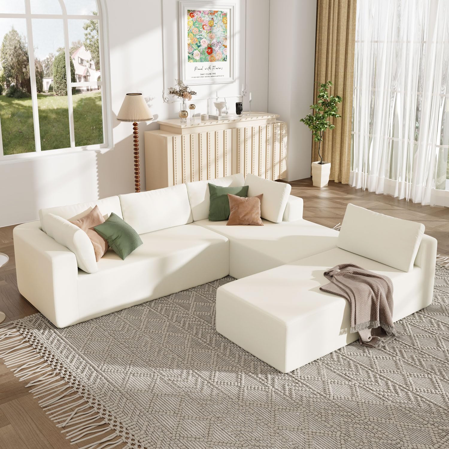 Yogald 135.6ββ L-Shaped 4 Seats Sectional Cloud Sofa with 2 Chaise Lounges, Minimalist Style Oversized Modular Sofa, Comfy Upholstered Luxury Floor Couch Set, for Living Room Office Apartment (Beige)