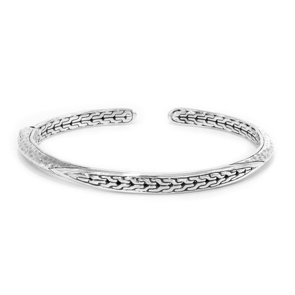Sarda - .925 Sterling Silver Chain Link & Hammered Open Oval Hinged Bangle Bracelet 6-1/4" - Handmade by Bali Artisans - Fits Wrist Sizes 5-3/4" - 6-3/4"
