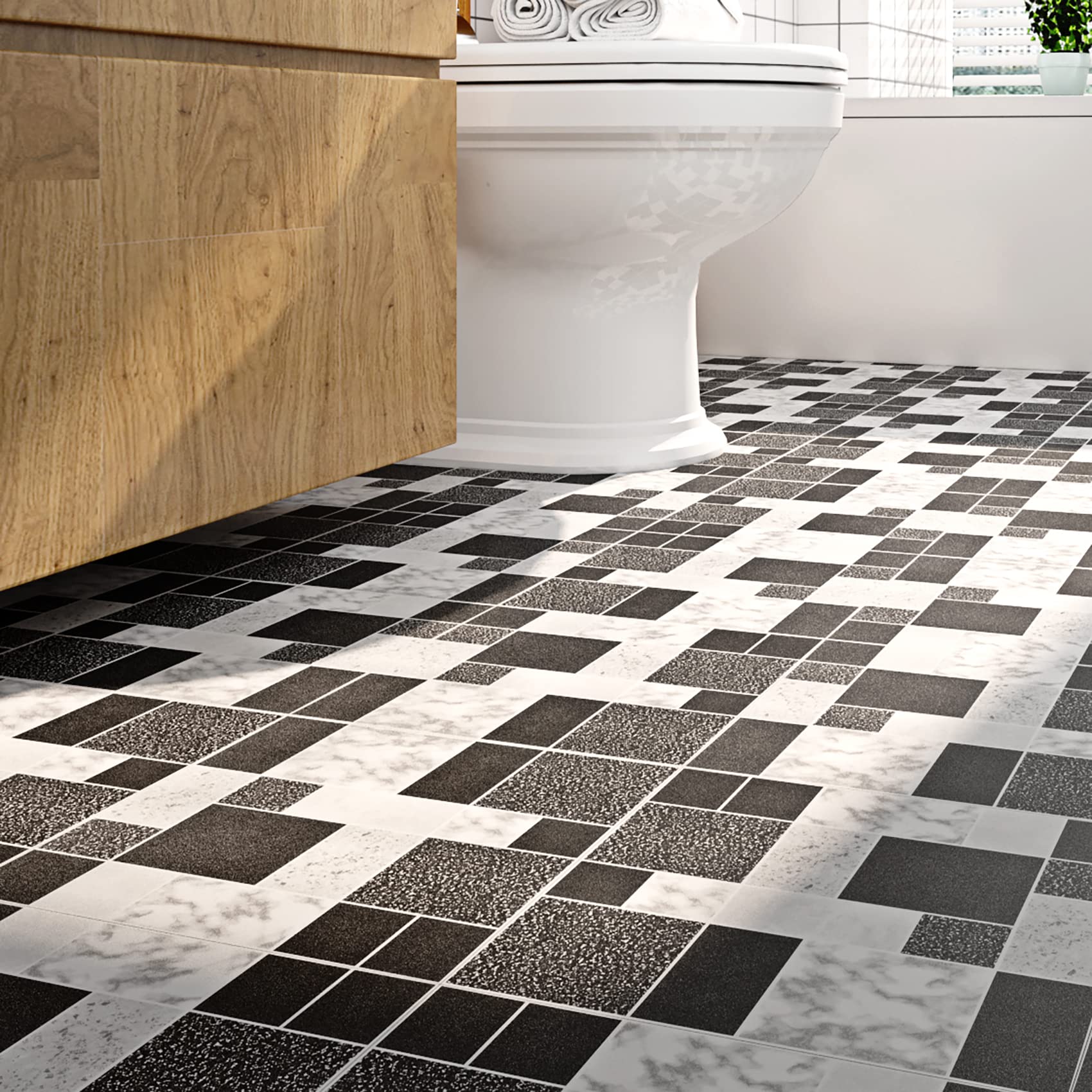 Livelynine Black and White Peel and Stick Floor Tile Bathroom Modern 4pcs 12x12" Grey Marble Self Adhesive Floor Tiles Peel & Stick Waterproof Vinyl Flooring Stick on Tile Floor Sheets Kitchen Shower